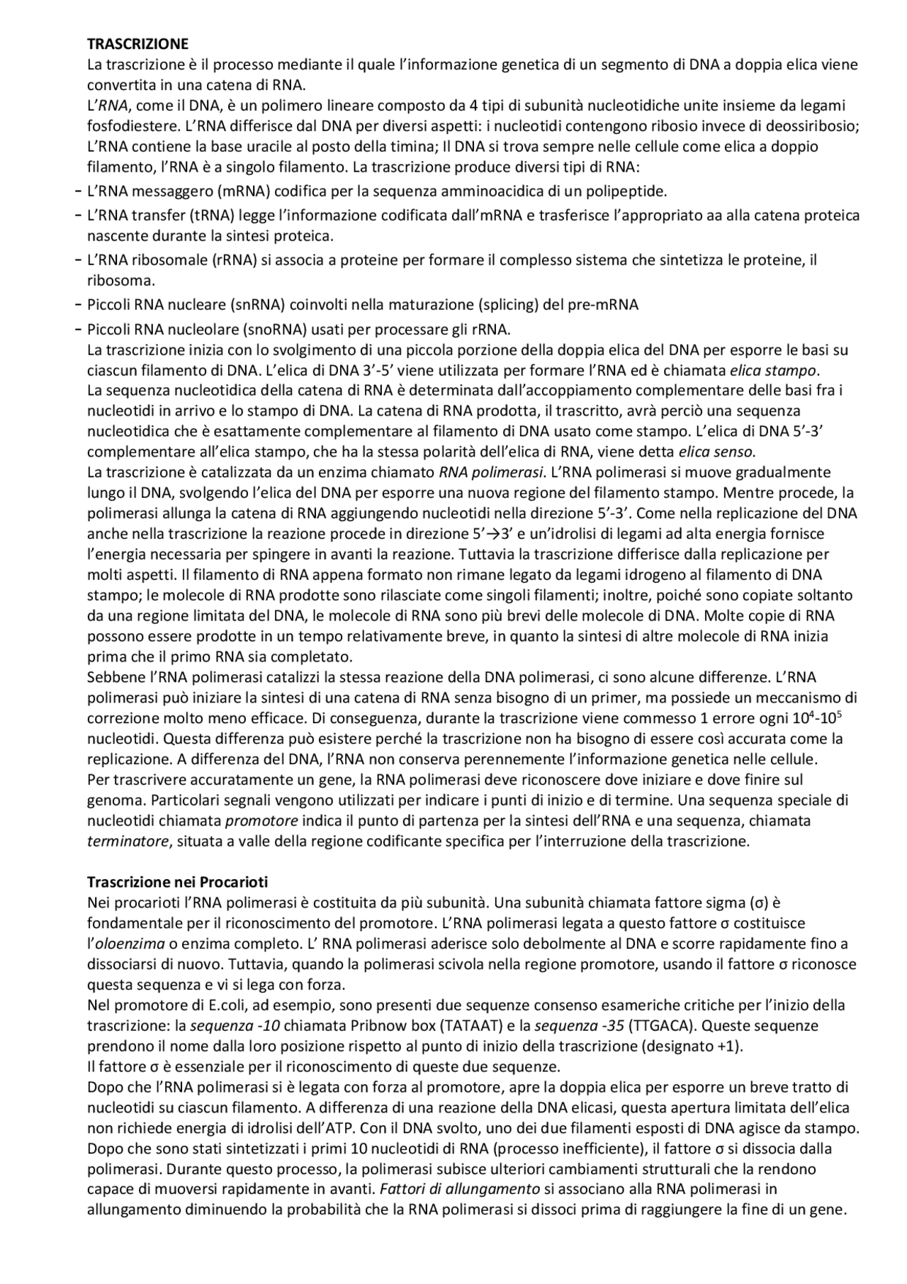 La Trascrizione Degli Acidi Nucleici Docsity