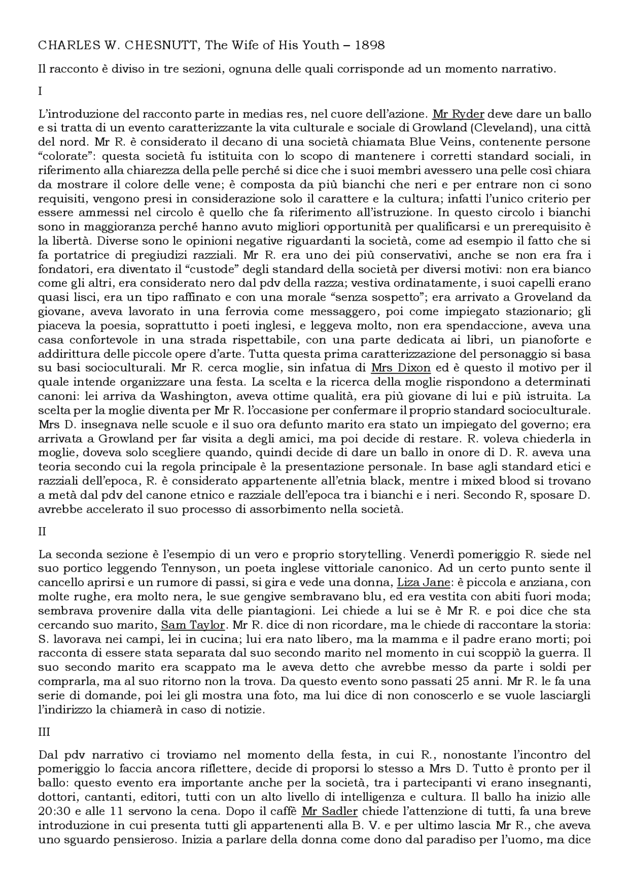 The Wife of His Youth - Charles W. Chesnutt - Docsity