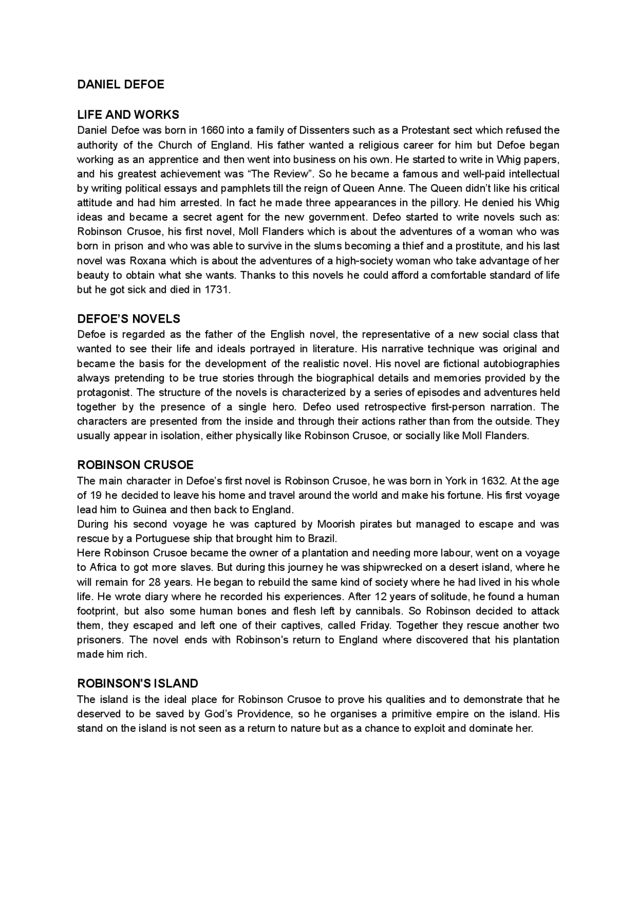 RIASSUNTO SULLA VITA E OPERE DI DANIEL DEFOE, MARY SHELLEY, SWIFT | Appunti di Inglese - Docsity