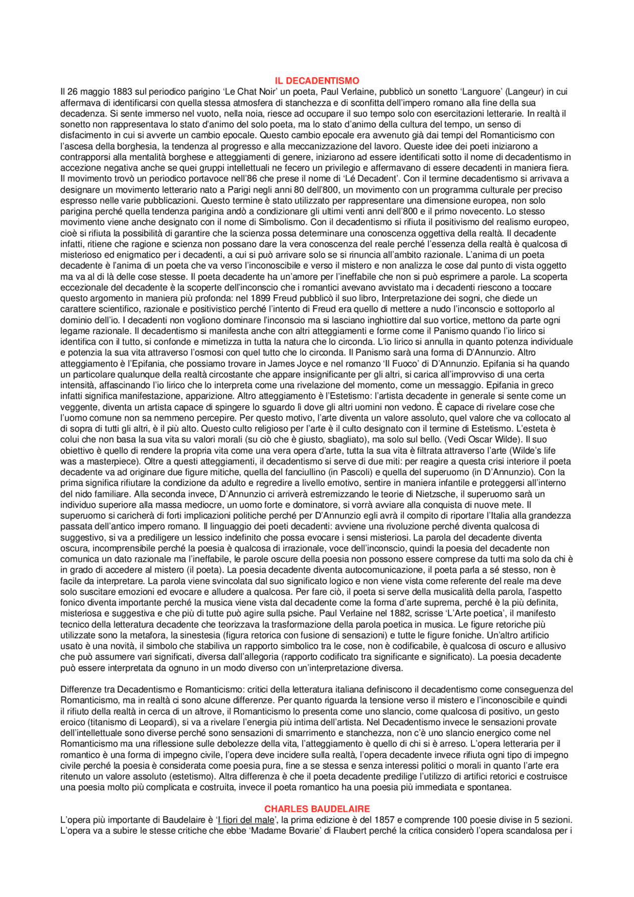 Il Decadentismo E Charles Baudelaire Docsity