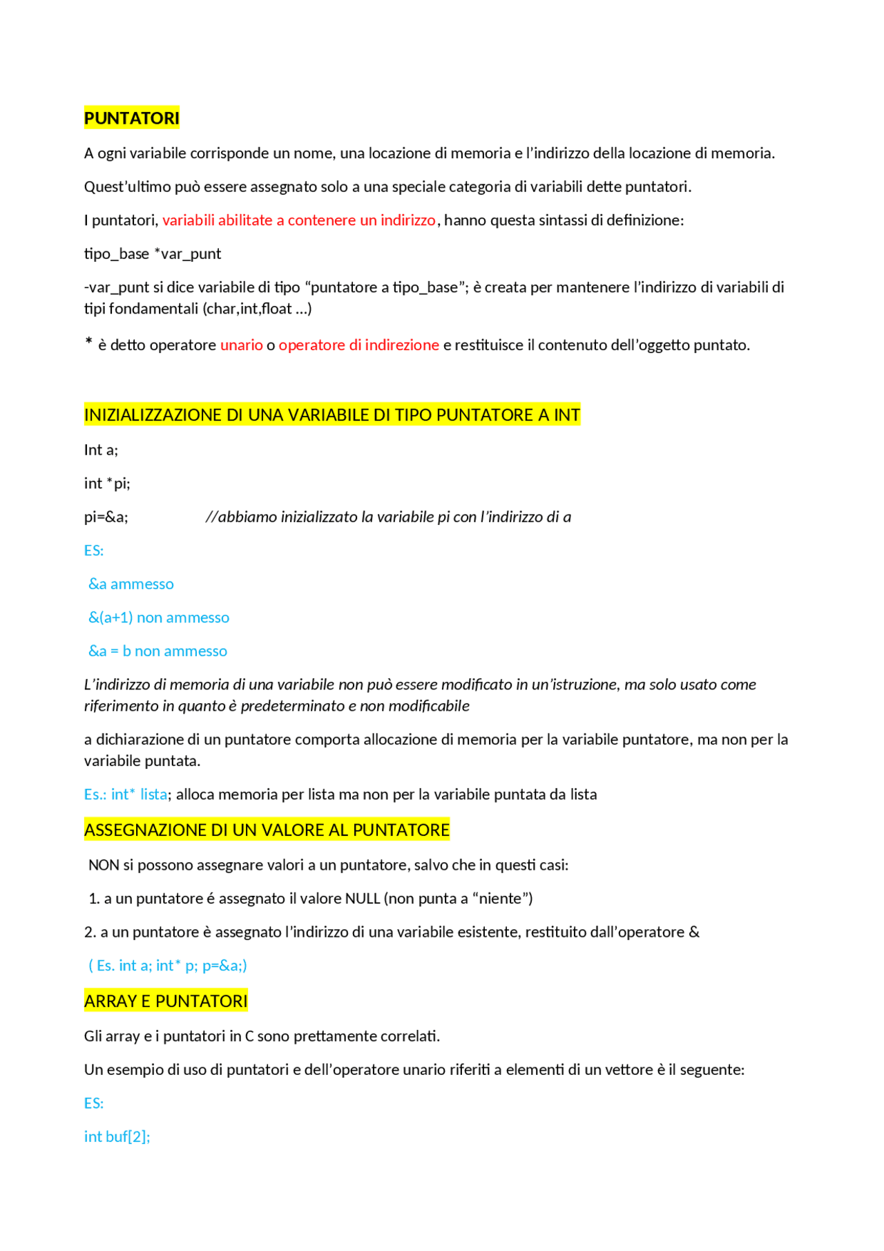 Spiegazione ed uso di puntatori e le loro caratteristiche - Docsity
