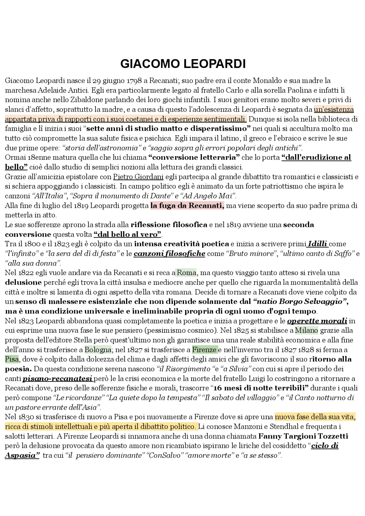 Giacomo Leopardi Riassunti Docsity