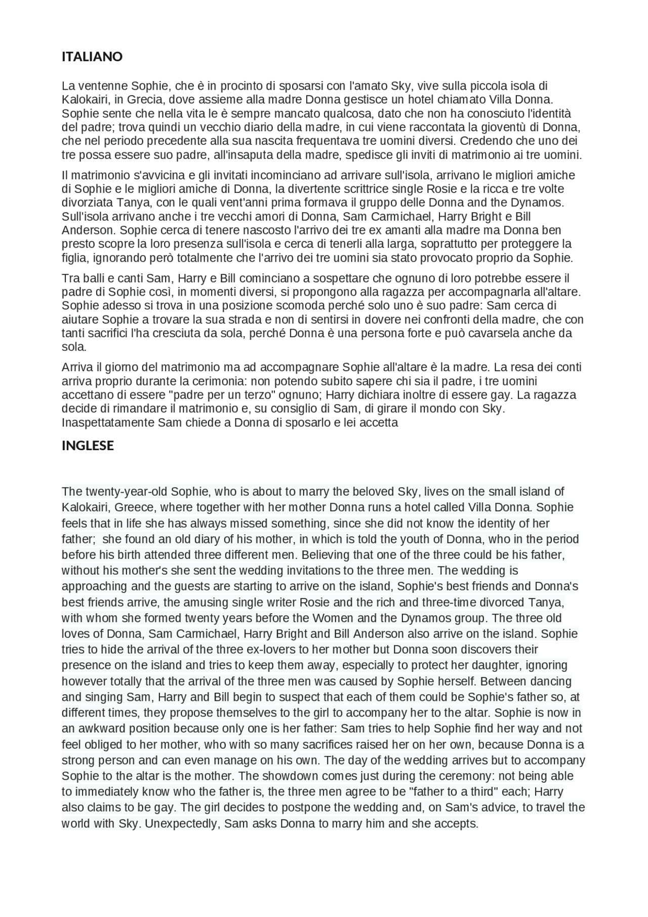 "Mamma mia" trama (italiano e inglese) | Appunti di Inglese | Docsity