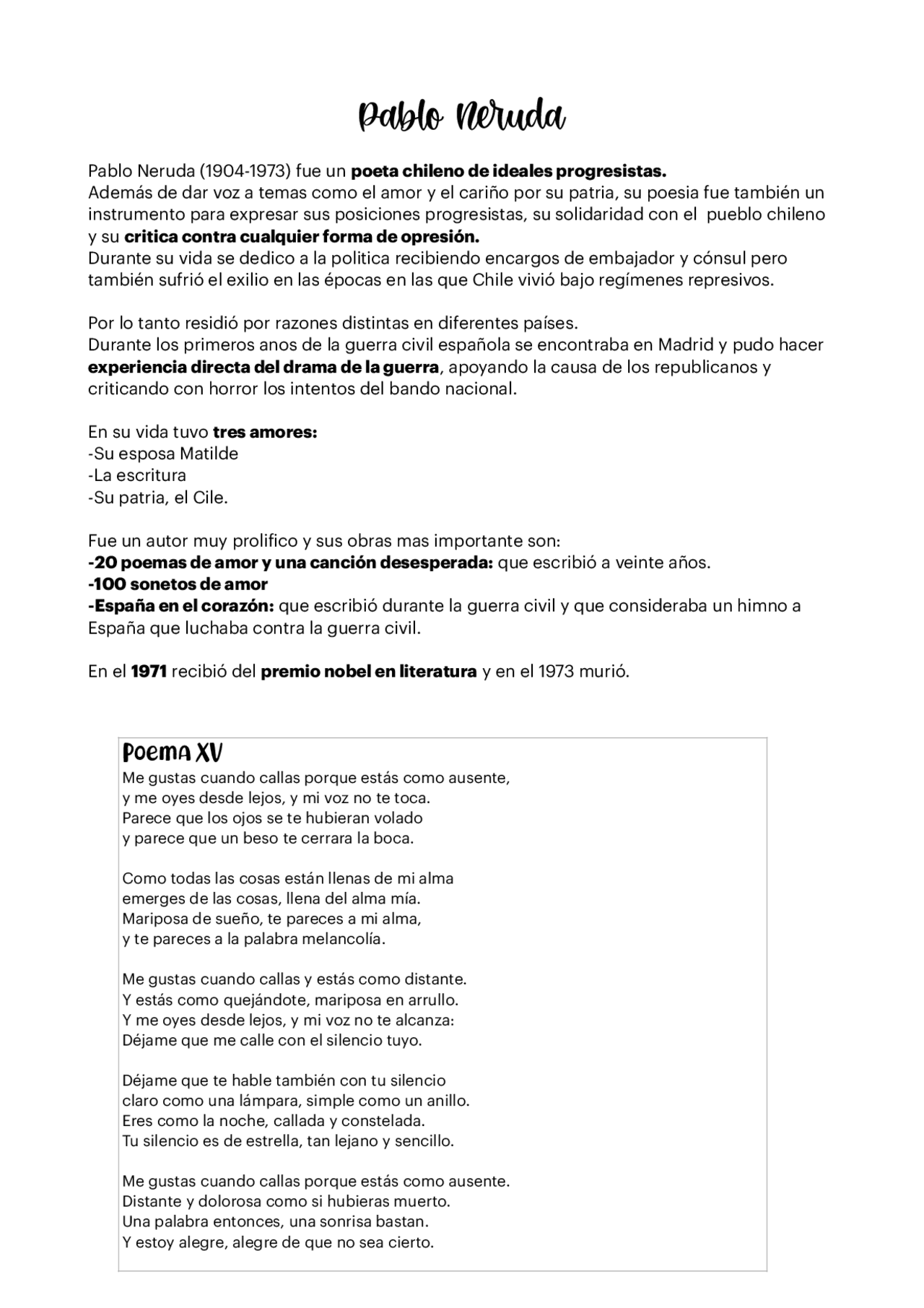 Pablo Neruda, "Poema XV" - Docsity