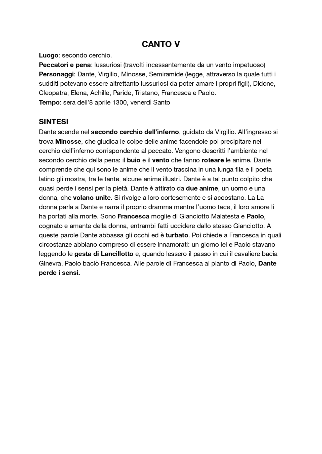 Canto V dell’inferno (Commedia) - Docsity