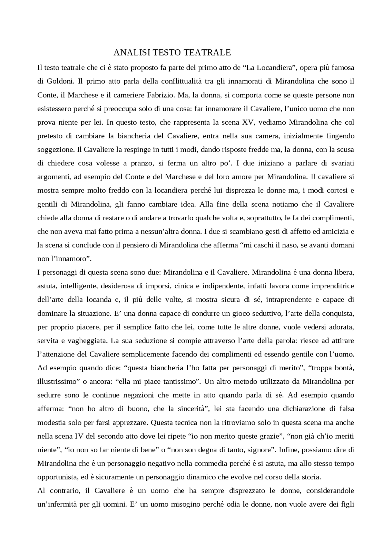 Analisi La Locandiera Docsity