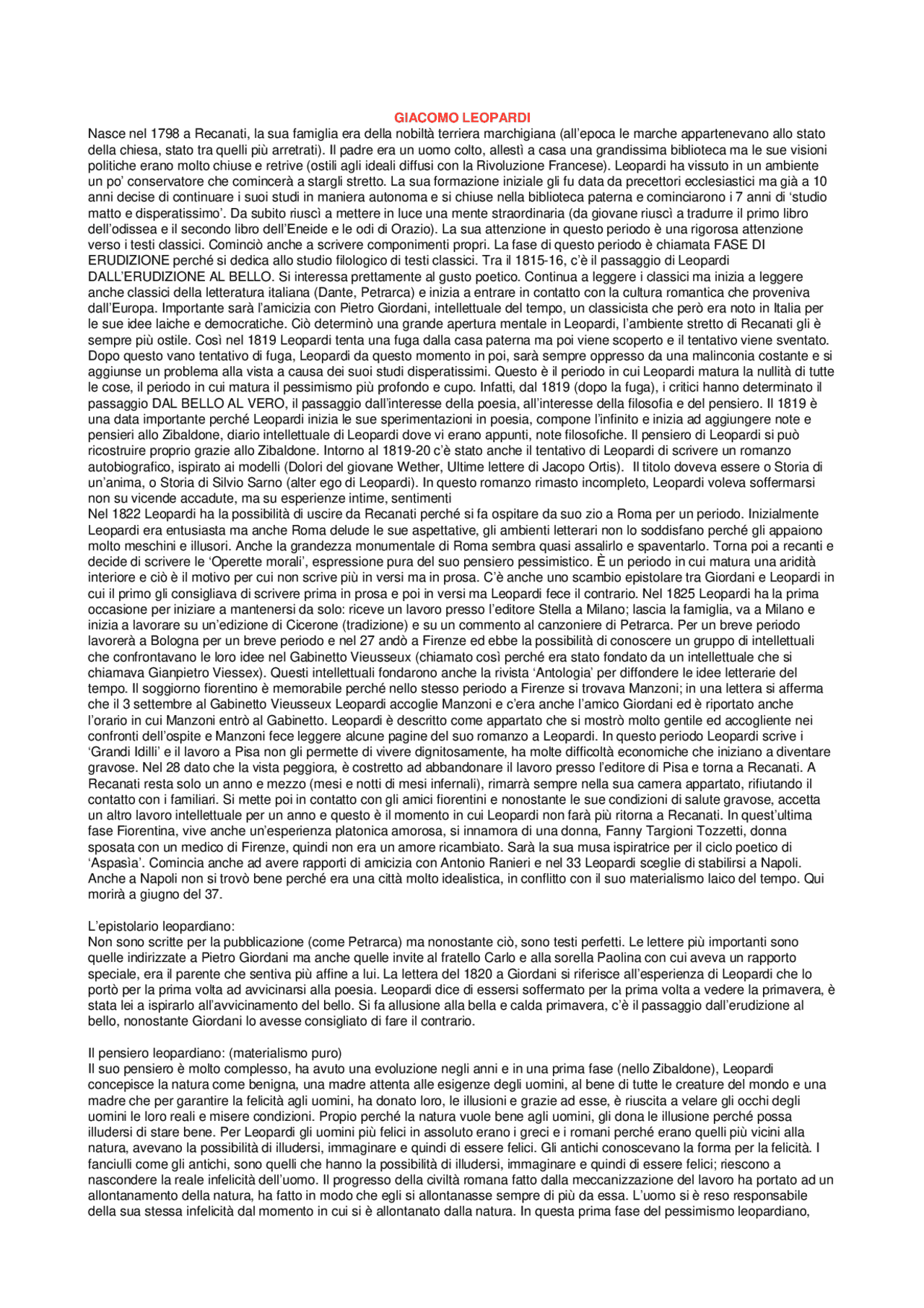 Giacomo Leopardi Unanalisi Completa Delle Opere Docsity