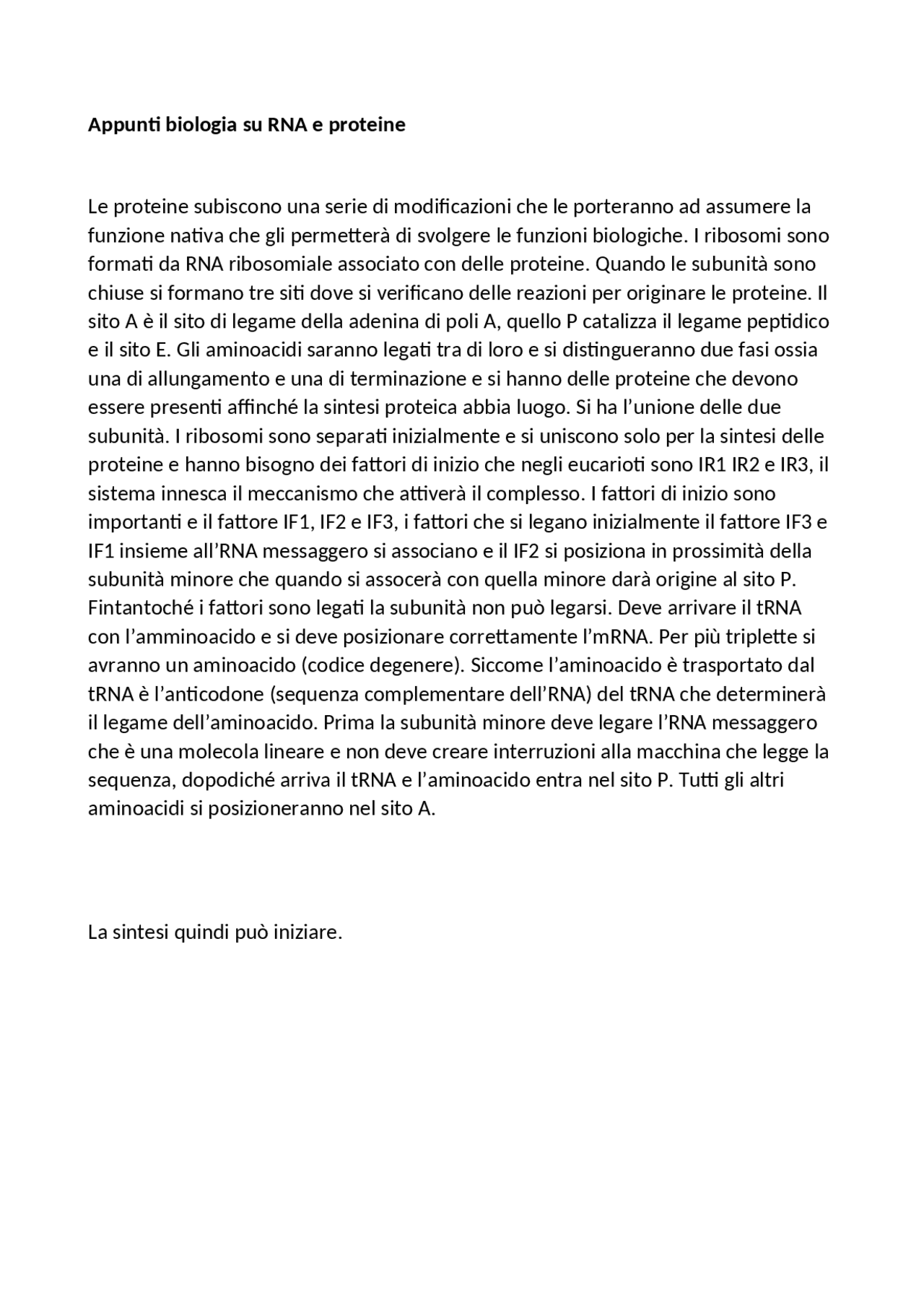 Appunti Su Rna E Proteine Docsity
