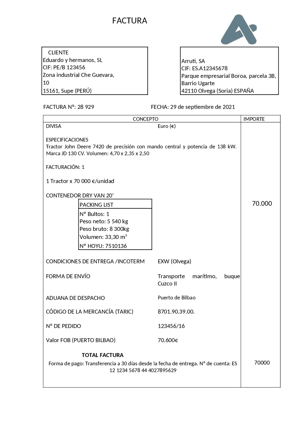 Factura comercial completa | Ejercicios de Finanzas | Docsity