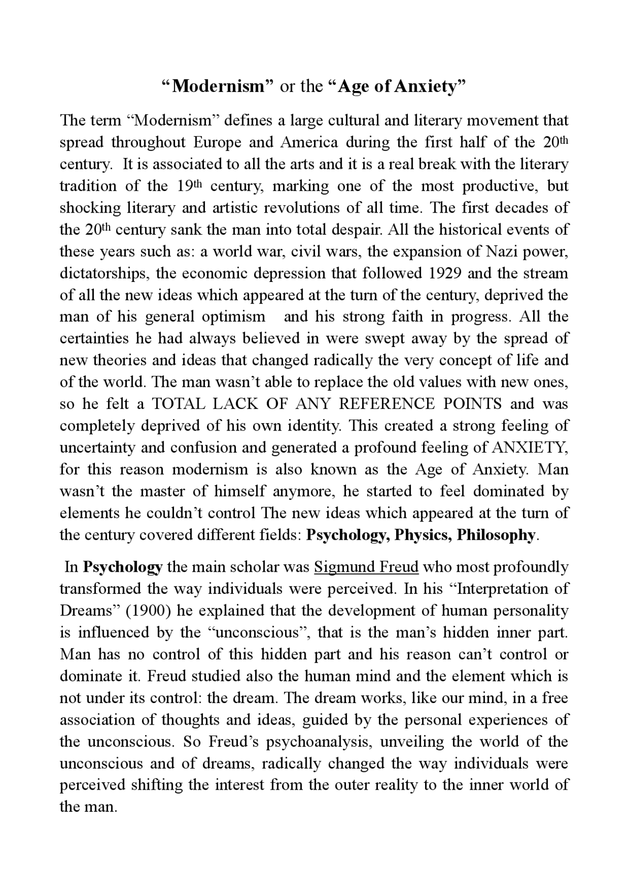 Modernism or The Age of Anxiety | Appunti di Inglese | Docsity