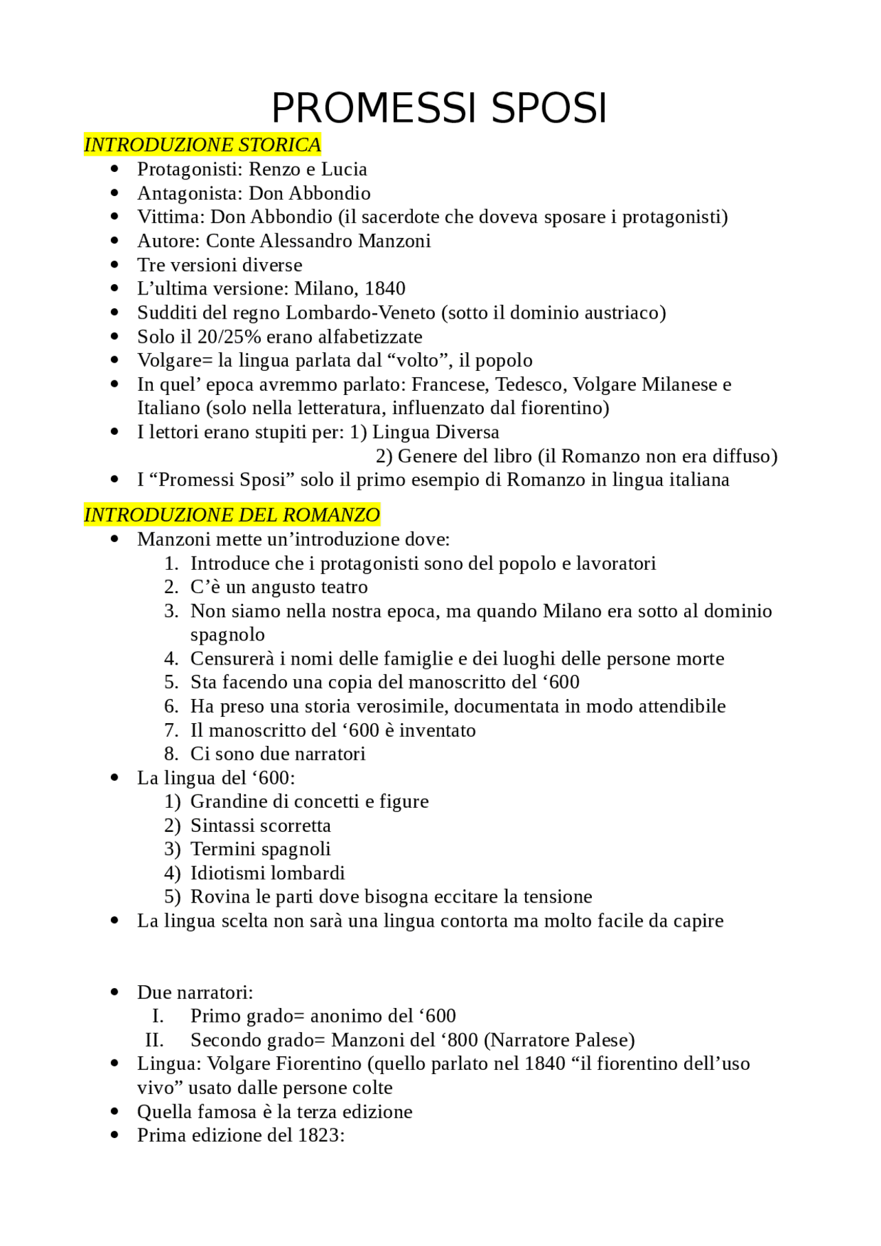 Promessi Sposi Introduzione E Riassunti Capitoli Docsity