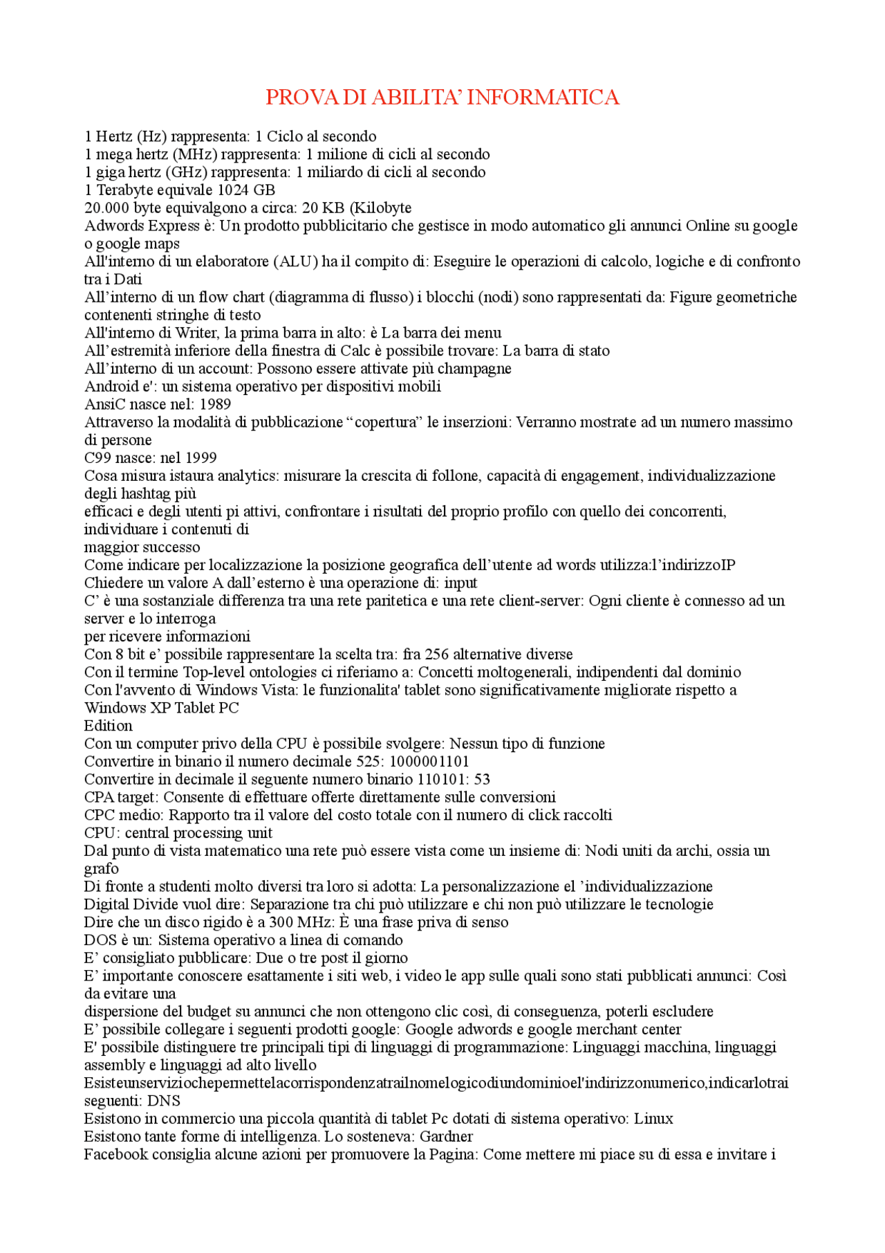 Test Prova Di Abilita Informatica Docsity