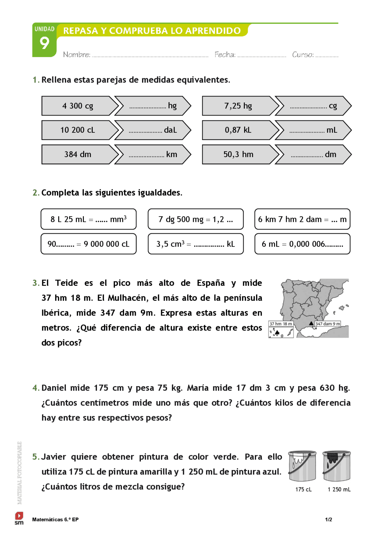 Repasa tema 9 6º primaria sm | Ejercicios de Matemáticas | Docsity