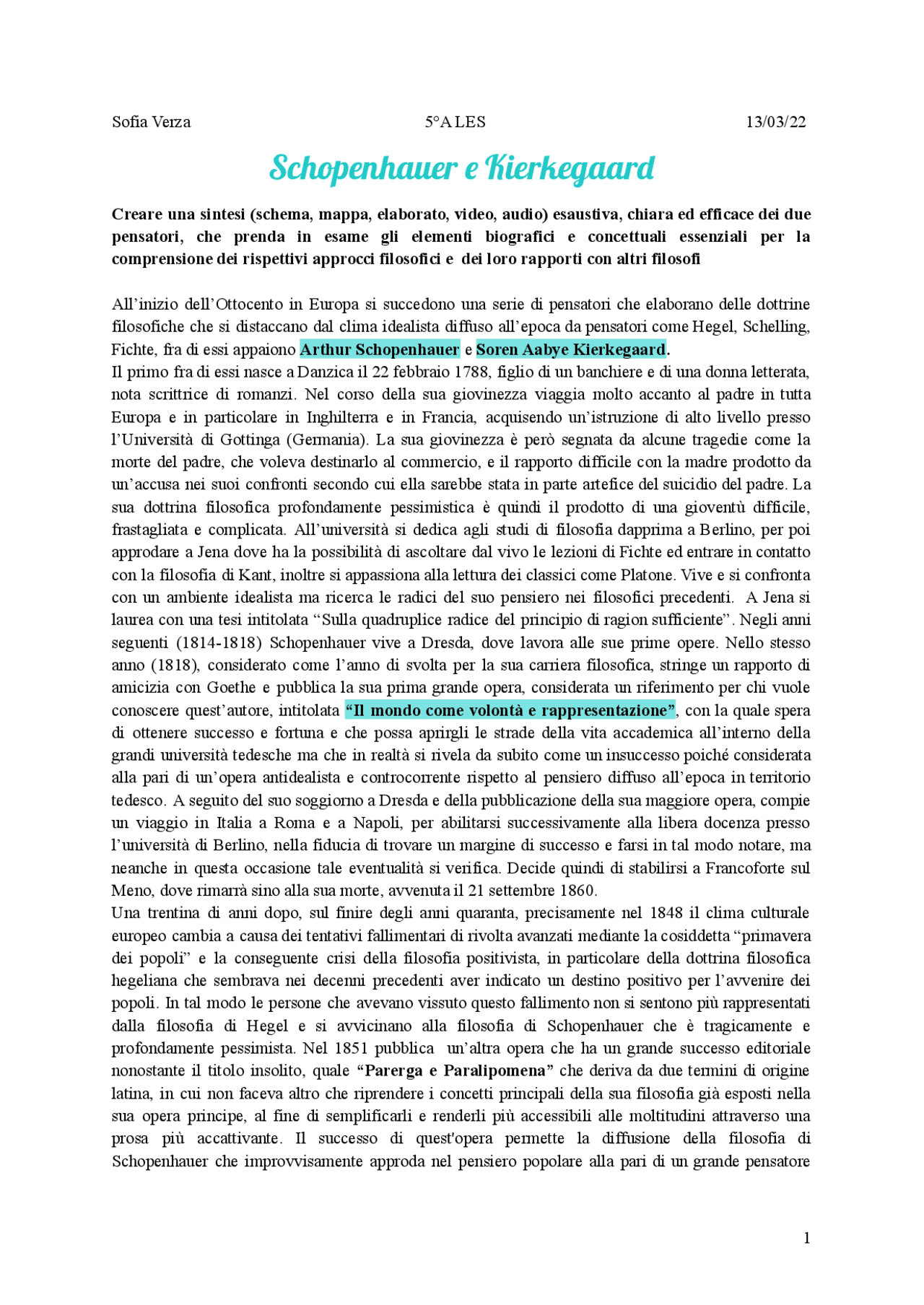 Schopenhauer E Kierkegaard Docsity