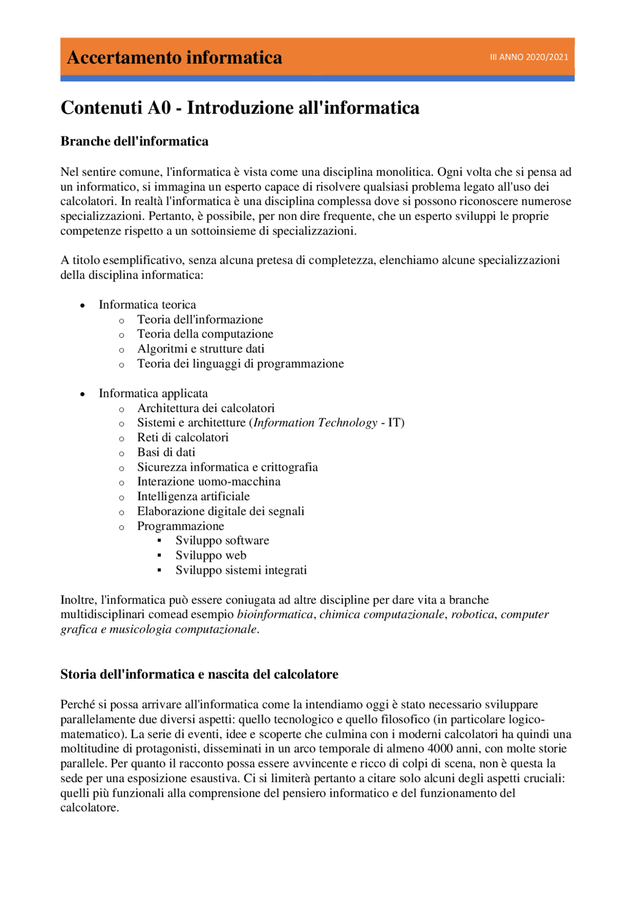 accertamento informatica | Schemi e mappe concettuali di Elementi di Informatica | Docsity