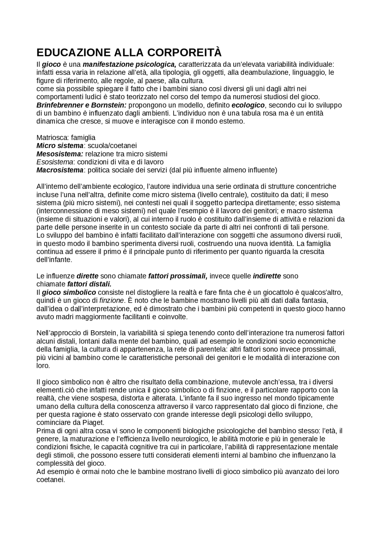 Educazione Alla Corporeità E Metodologia Del Gioco Docsity