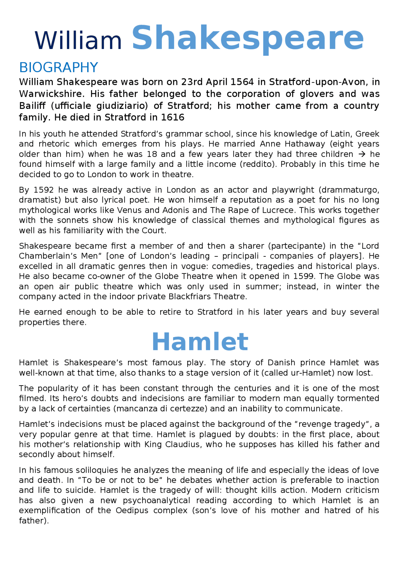 William Shakespeare Docsity
