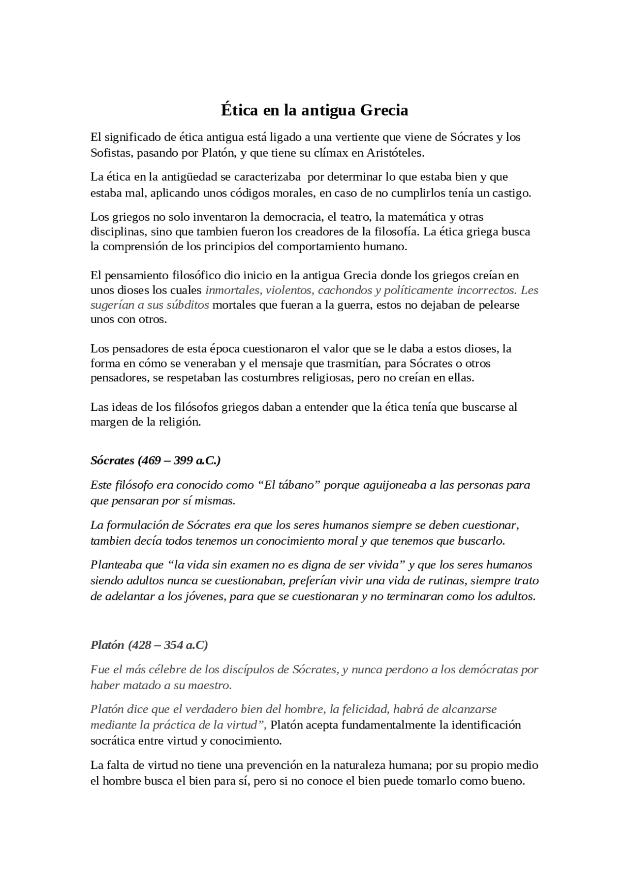 Etica en la antigua grecia - Docsity
