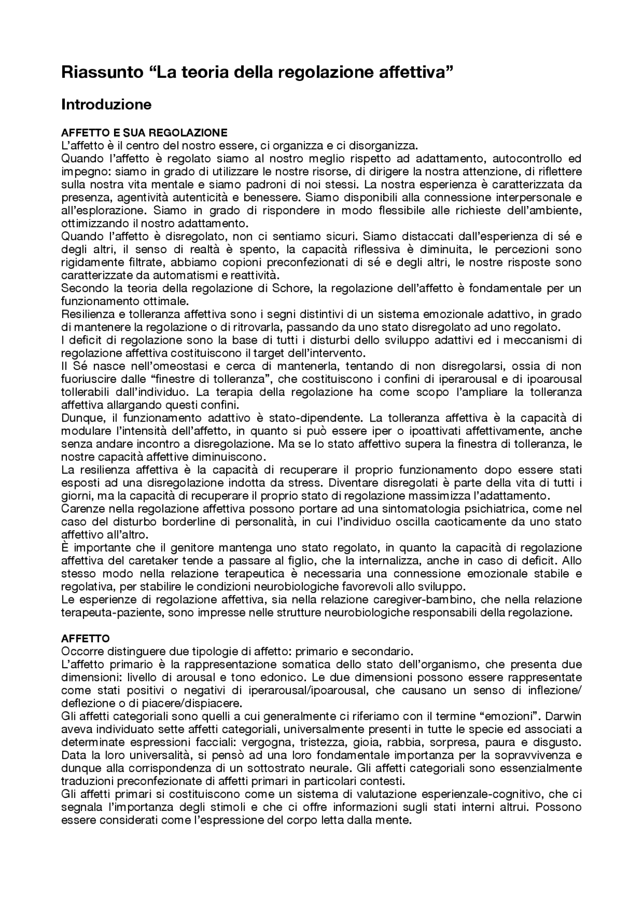 Riassunto Parte 12 De La Teoria Della Regolazione Affettiva Docsity