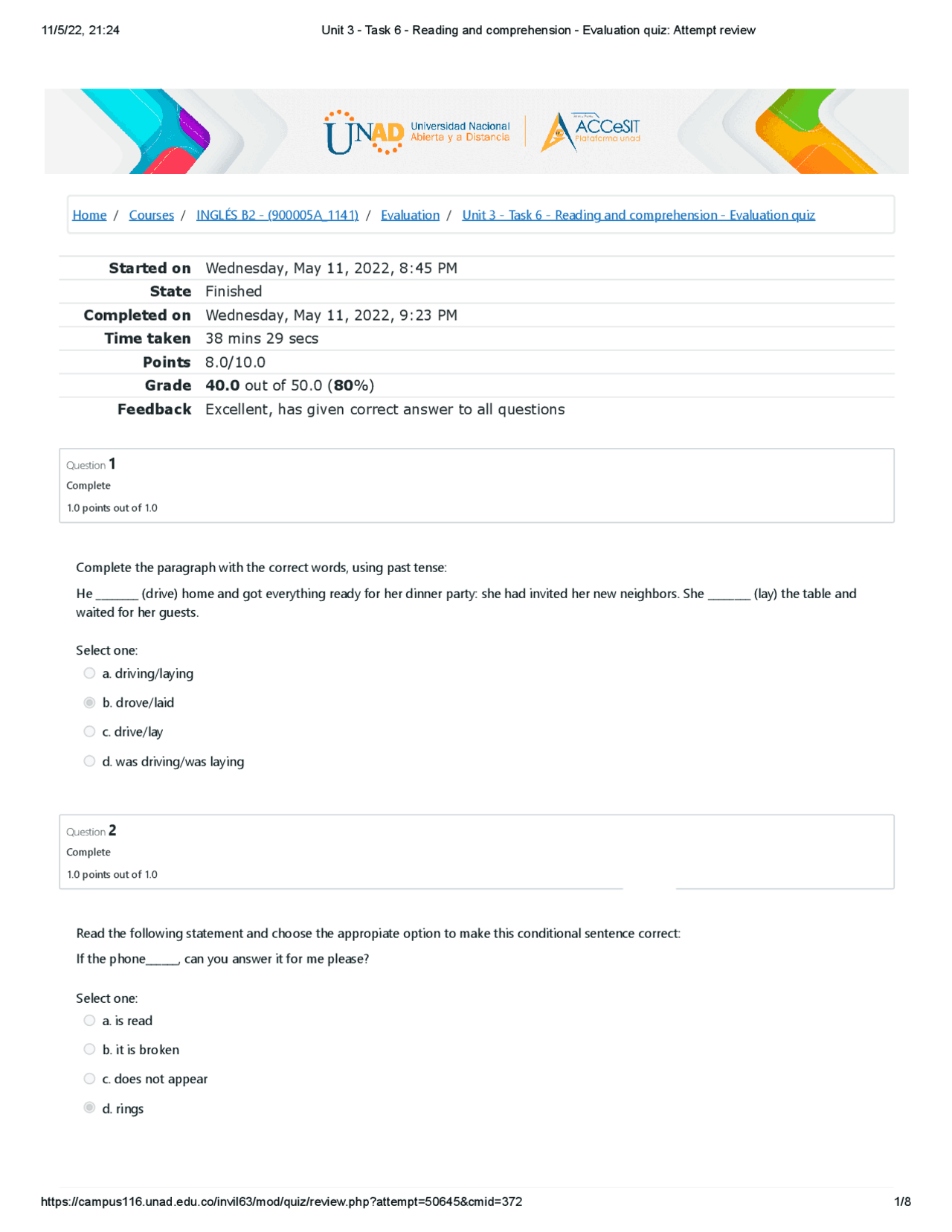 Unit 3 - Task 6 - Reading and comprehension - Evaluation quiz - Docsity