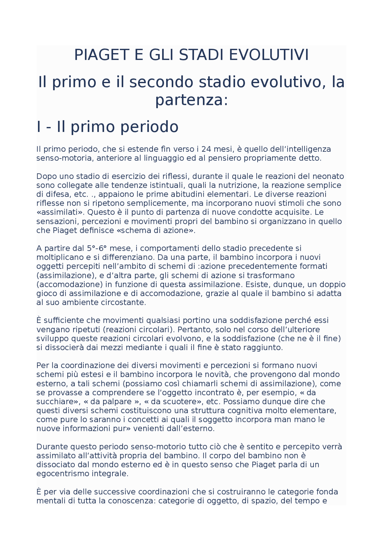 Piaget E Gli Stadi I Primi Due Docsity
