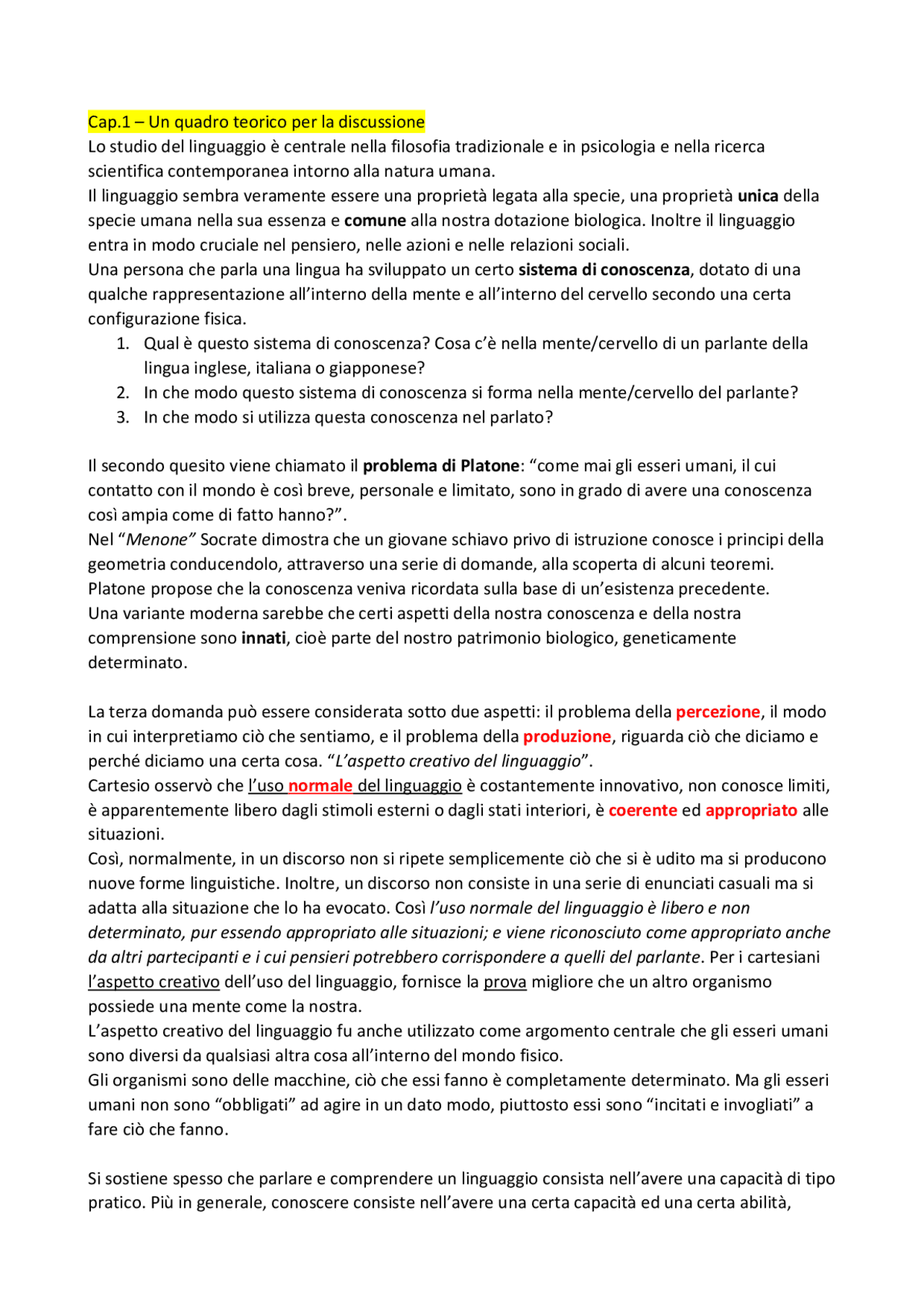 Riassunto Linguaggio E Problemi Della Conoscenza Chomsky Schemi E