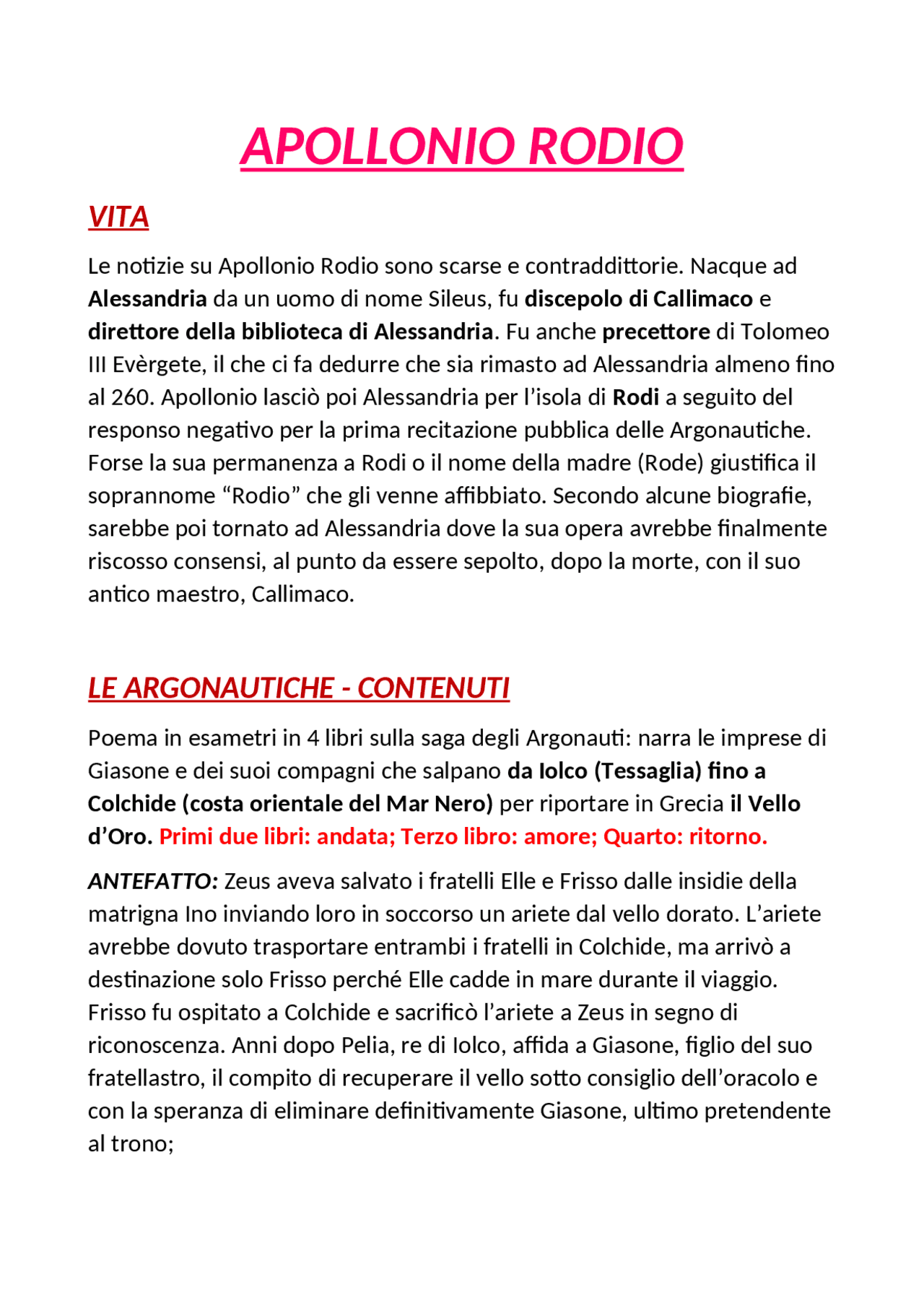 Appunti Di Letteratura Greca Apollonio Rodio Appunti Di Greco Docsity