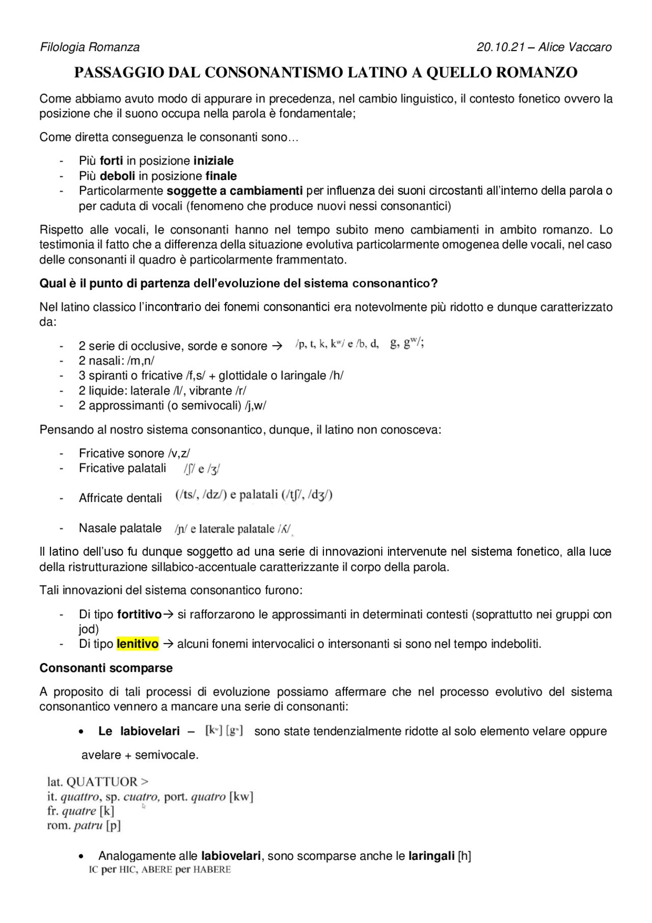 Passaggio Dal Consonantismo Latino A Quello Romanzo Docsity