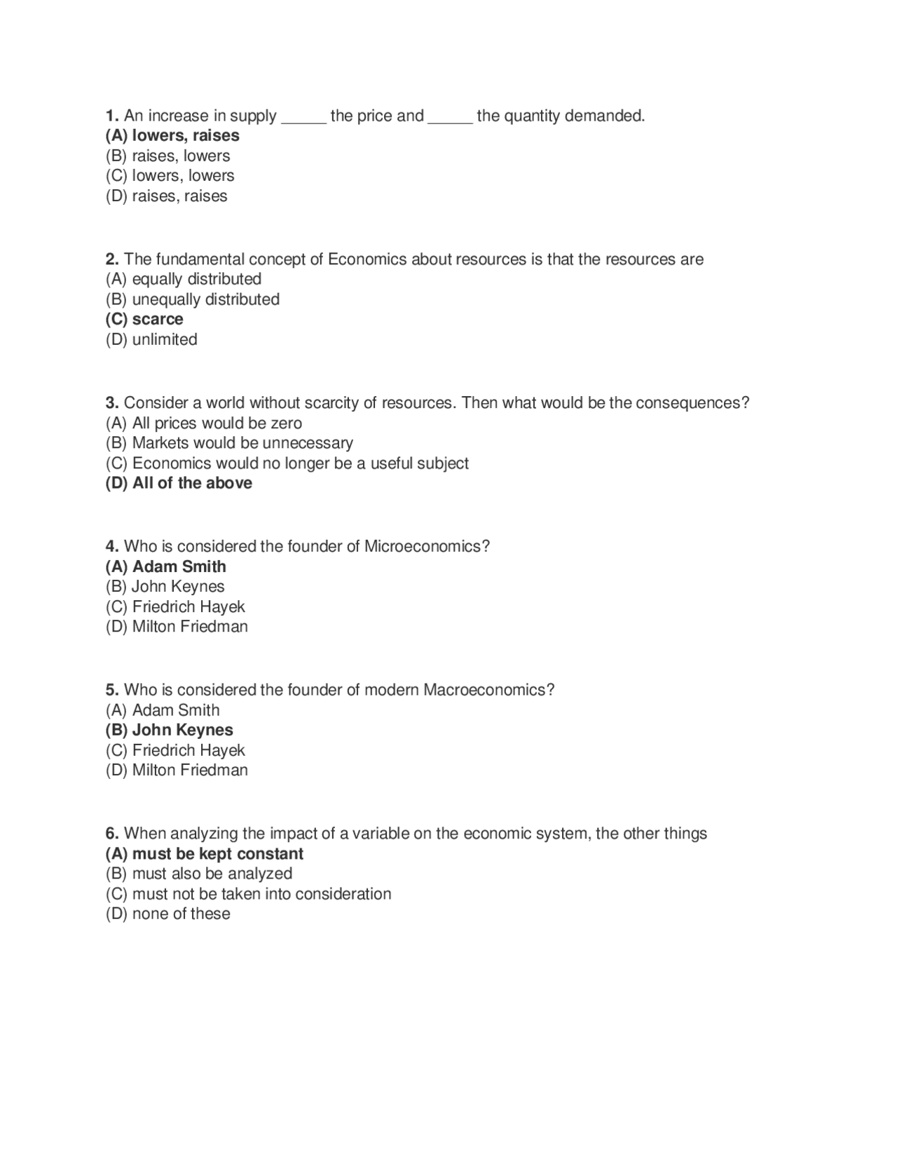 MCQ Economics Law of Supply Law of demand Equlibrium - Docsity