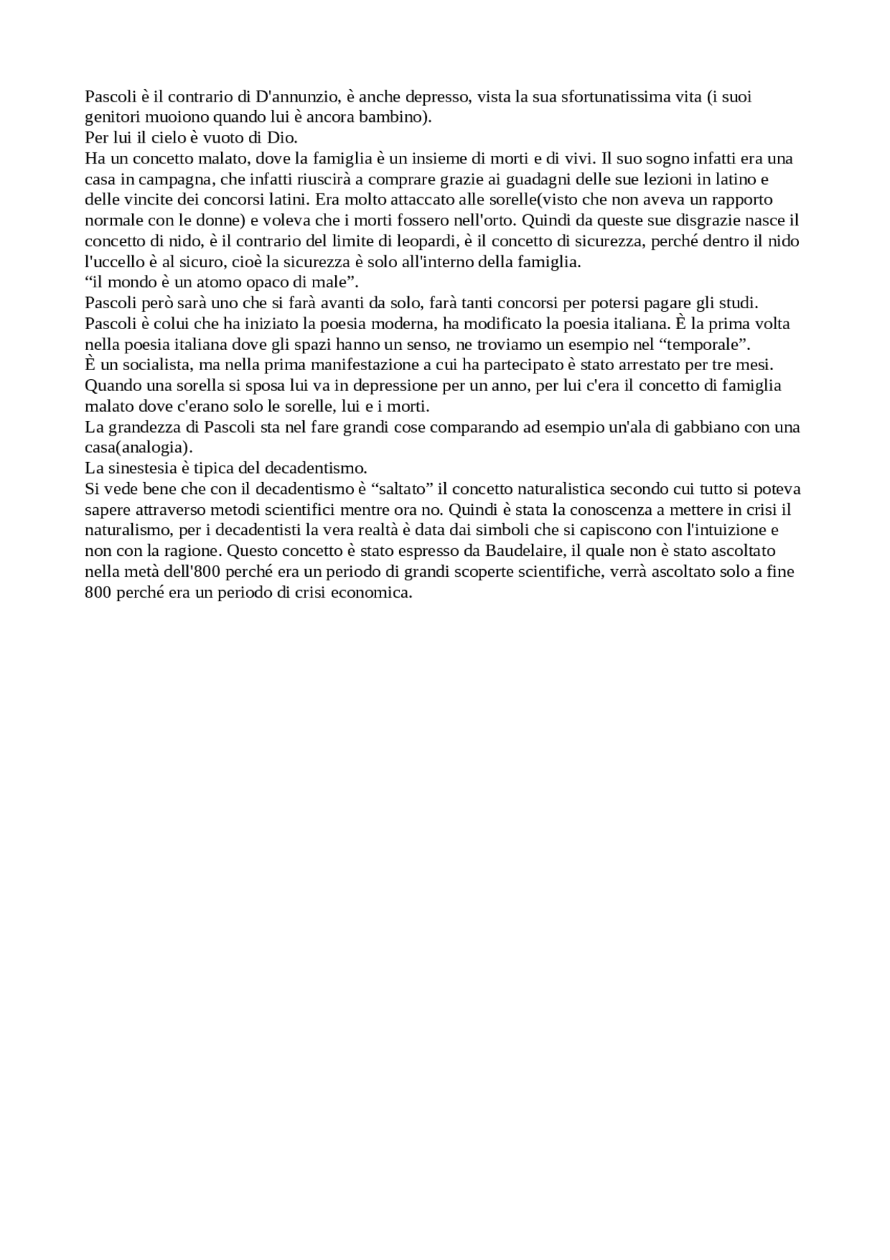 Giovanni Pascoli Riassunto Docsity