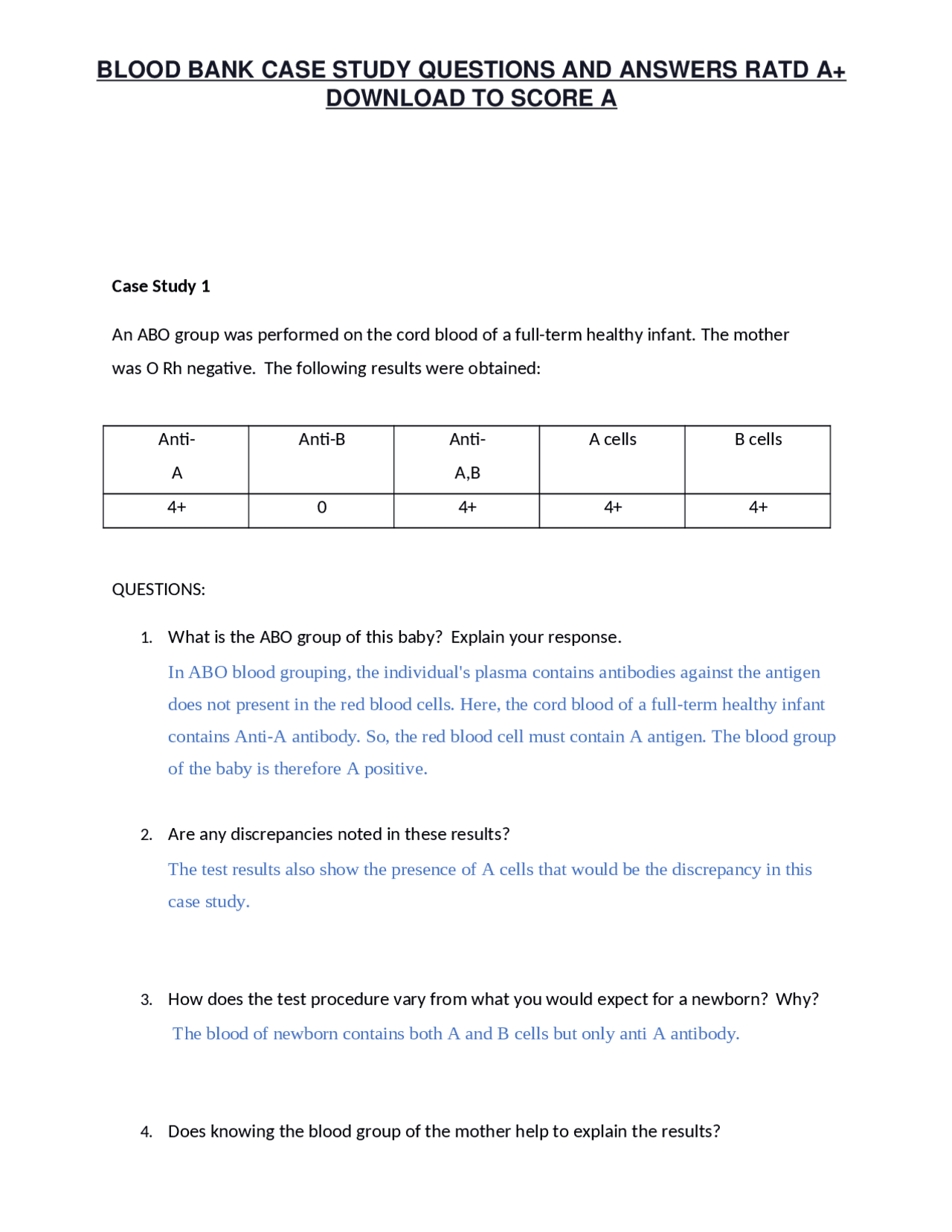 BLOOD BANK CASE STUDY QUESTIONS AND ANSWERS RATD A+ DOWNLOAD TO SCORE A ...