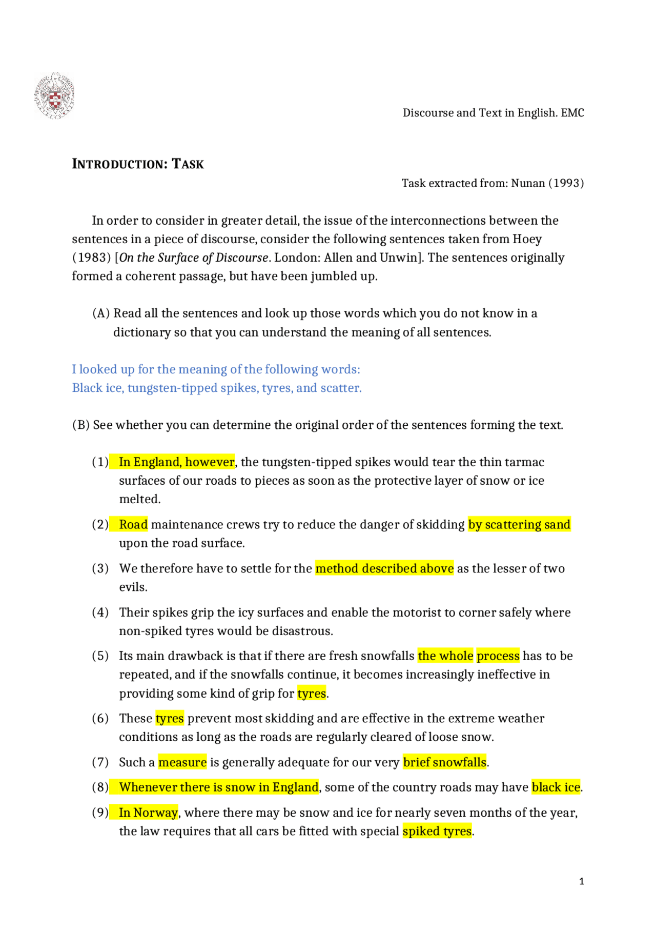 Task 1 Discourse And Text In English Docsity