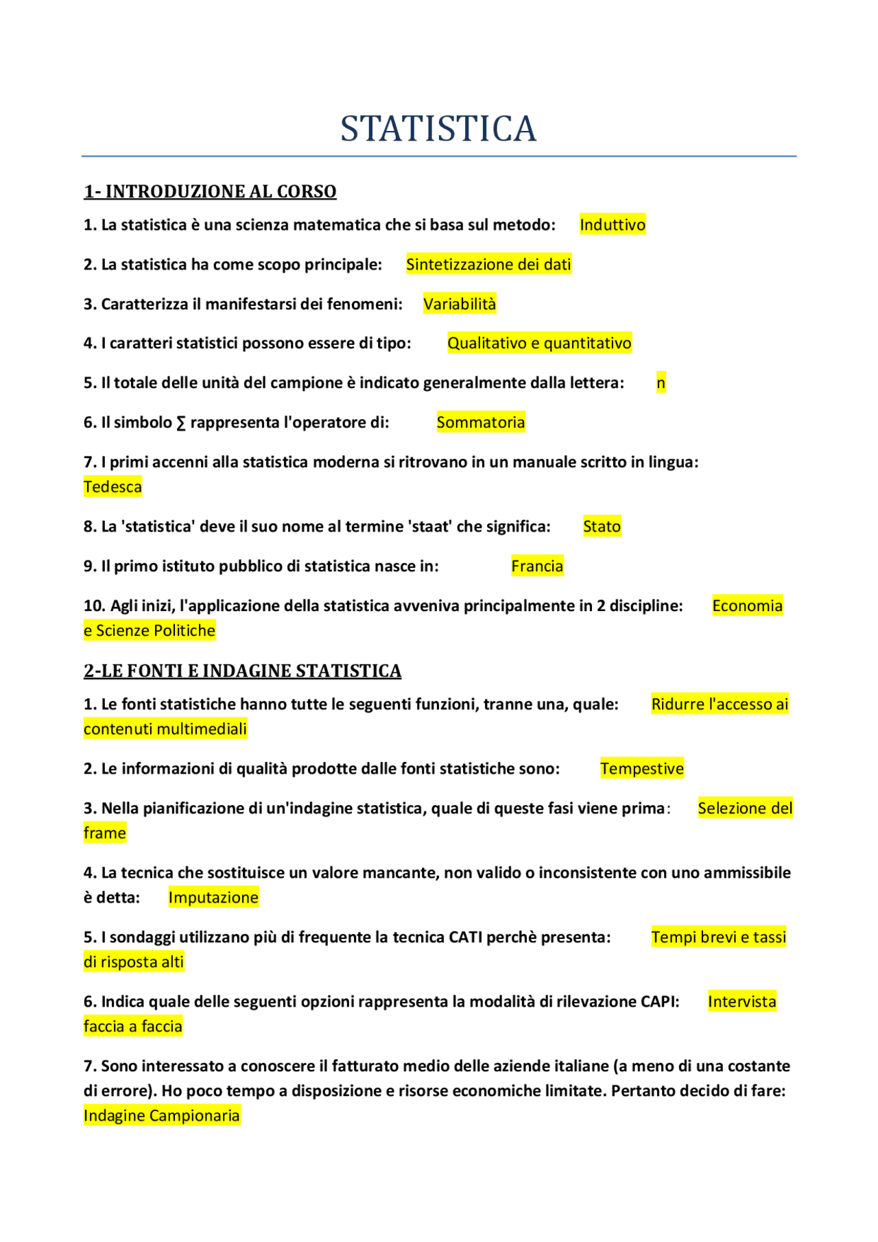 Esame Statistica Mercatorum Prove Desame Di Statistica Docsity