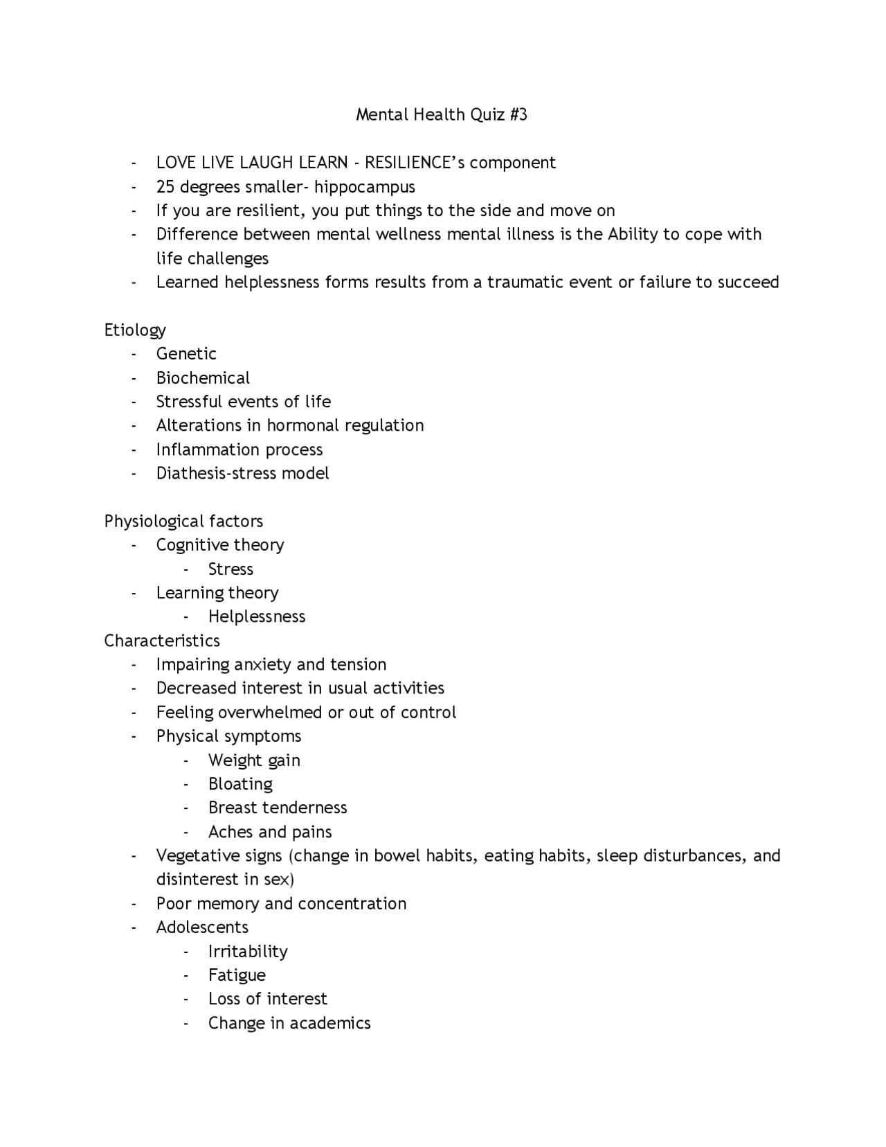 Mental Health Quiz #3 | Exams Health sciences | Docsity