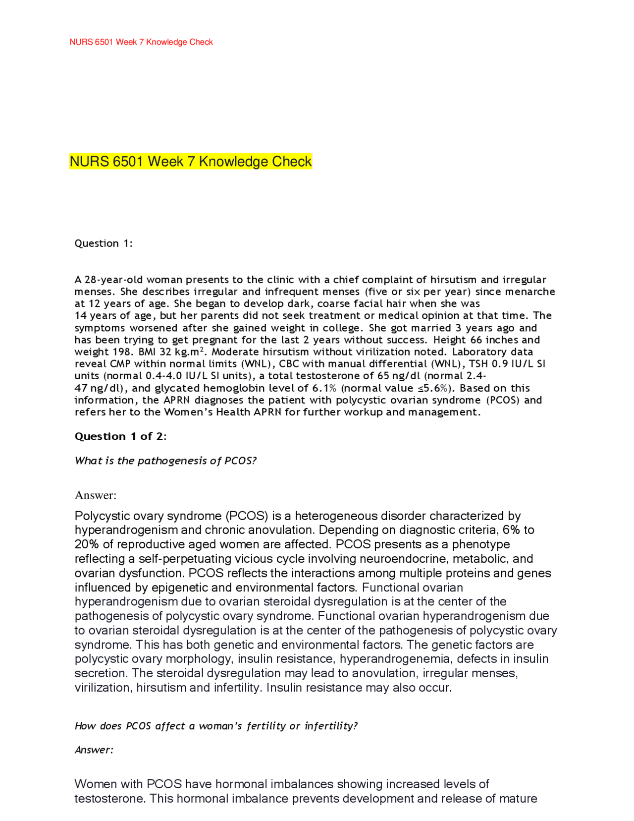 NURS 6501 Week 7 Knowledge Check WITH RATIONALE - Docsity