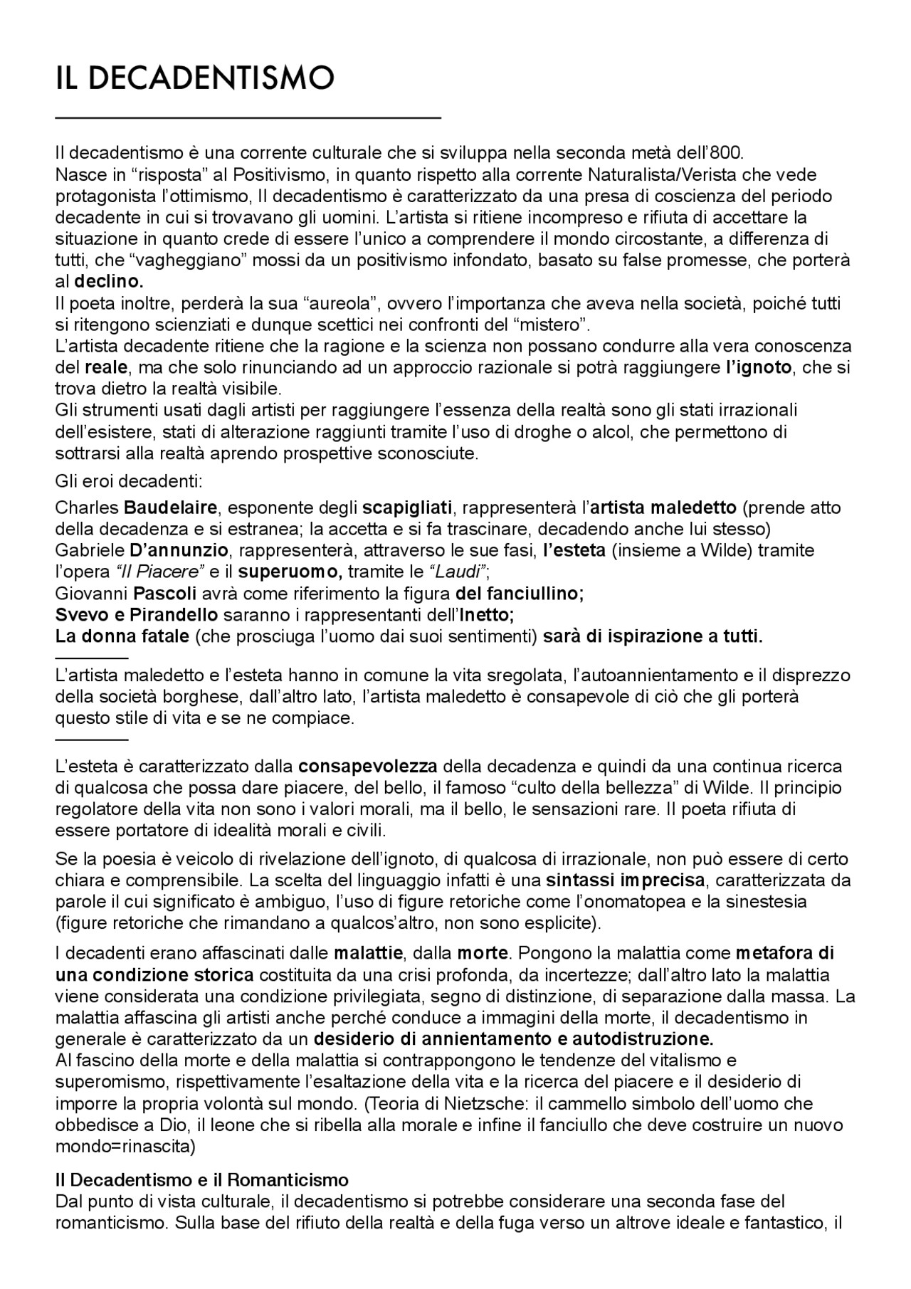Riassunto Del Decadentismo Baudelaire E Dannunzio Docsity