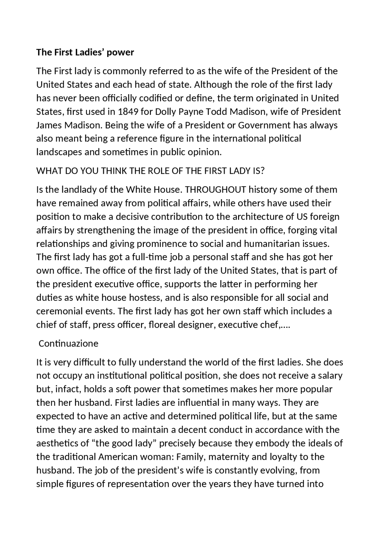 Presentazione laboriatorio inglese sulle First Ladies - Docsity