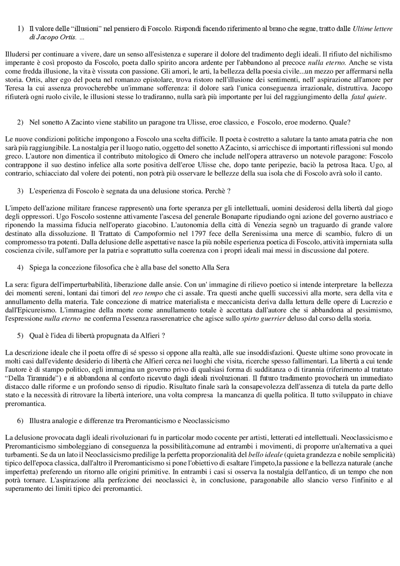 Foscolo Alfieri Domande Miste Docsity