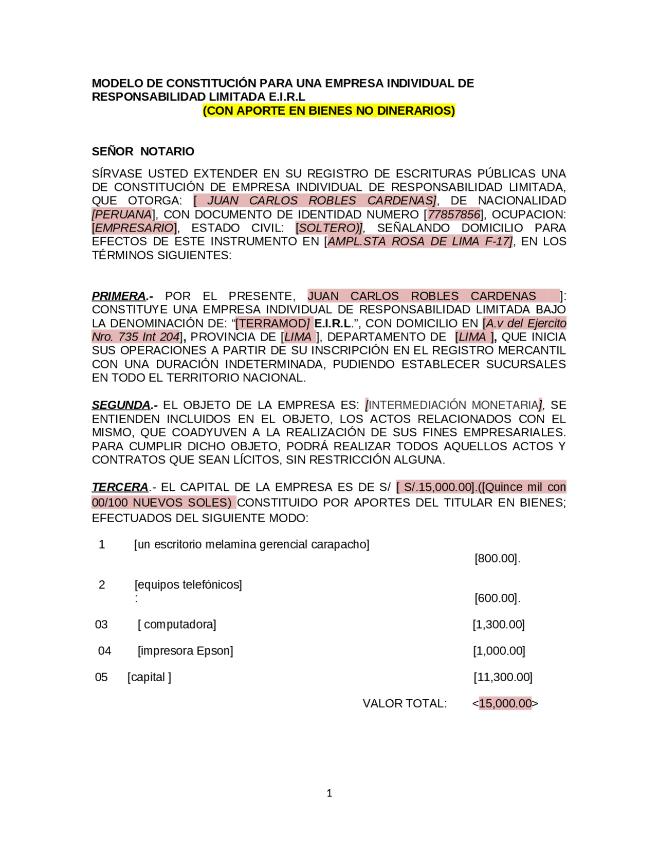 Elaboracion de minuta EIRL - Docsity