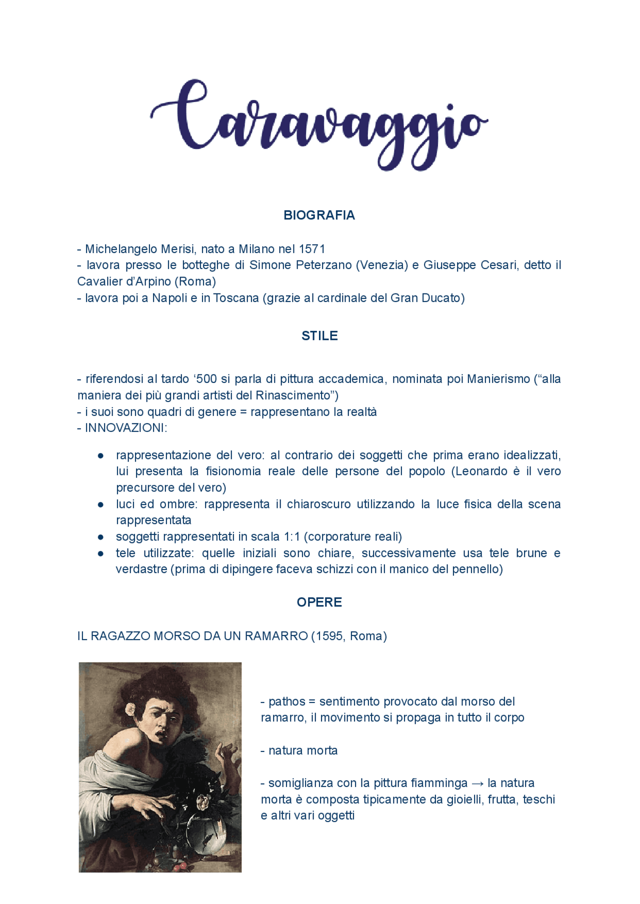 Caravaggio La Sua Vita E Il Suo Stile Docsity