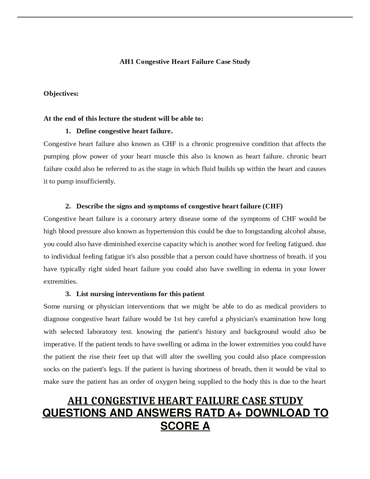 AH1 Congestive Heart Failure Case Study - Docsity