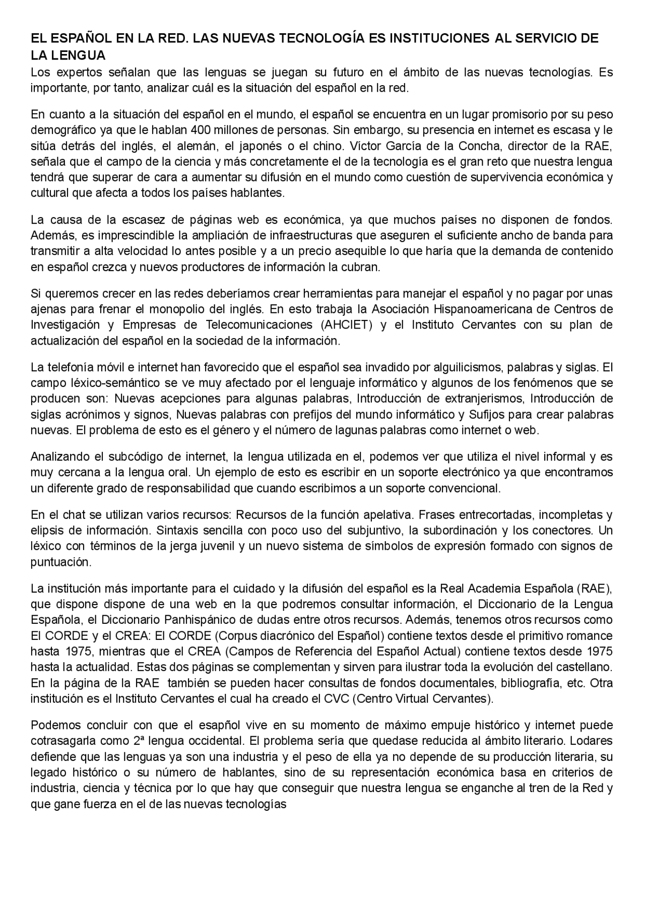 El español en el mundo lengua - Docsity