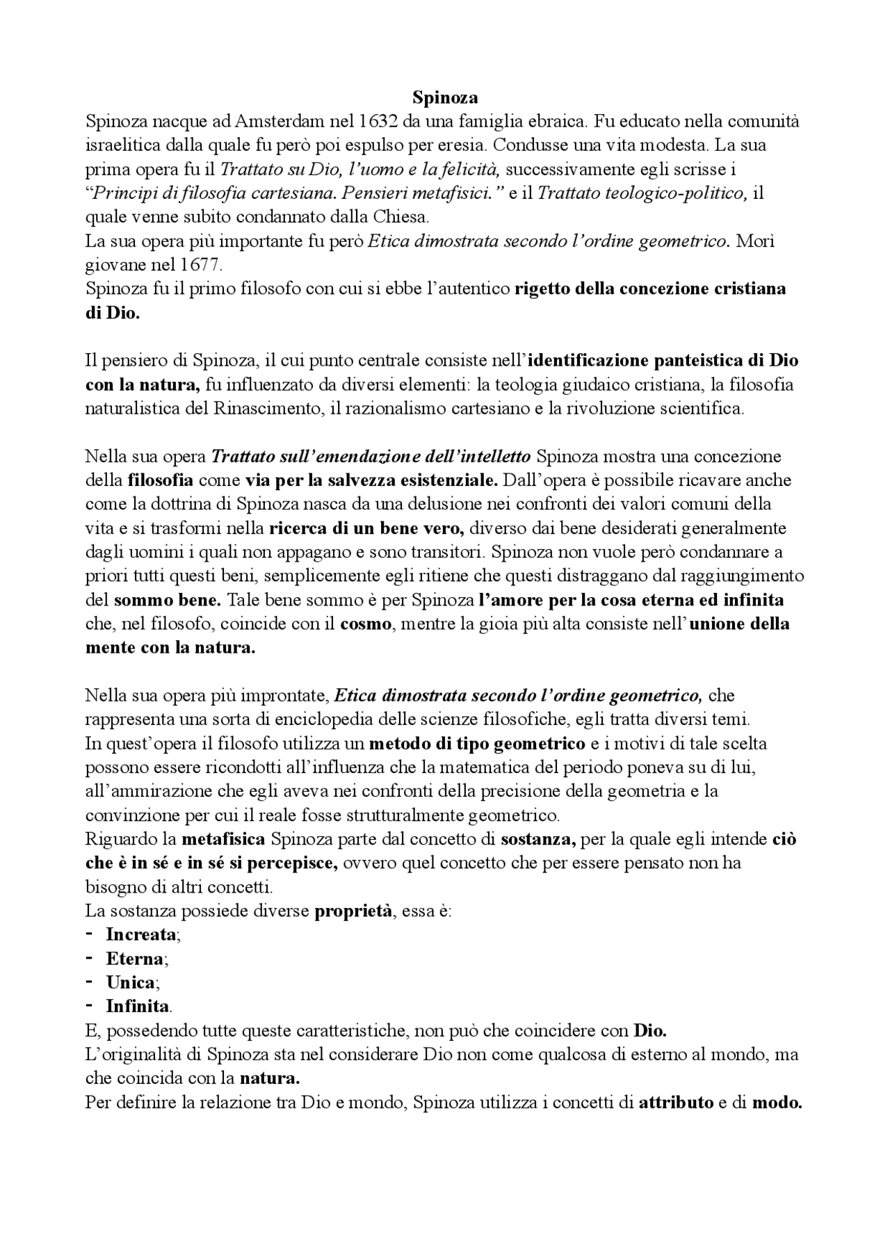 Spinoza Riassunto Completo Docsity