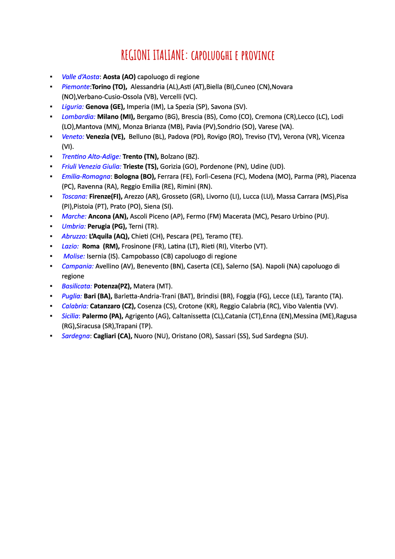 Le province di tutte le regioni d'Italia - Docsity