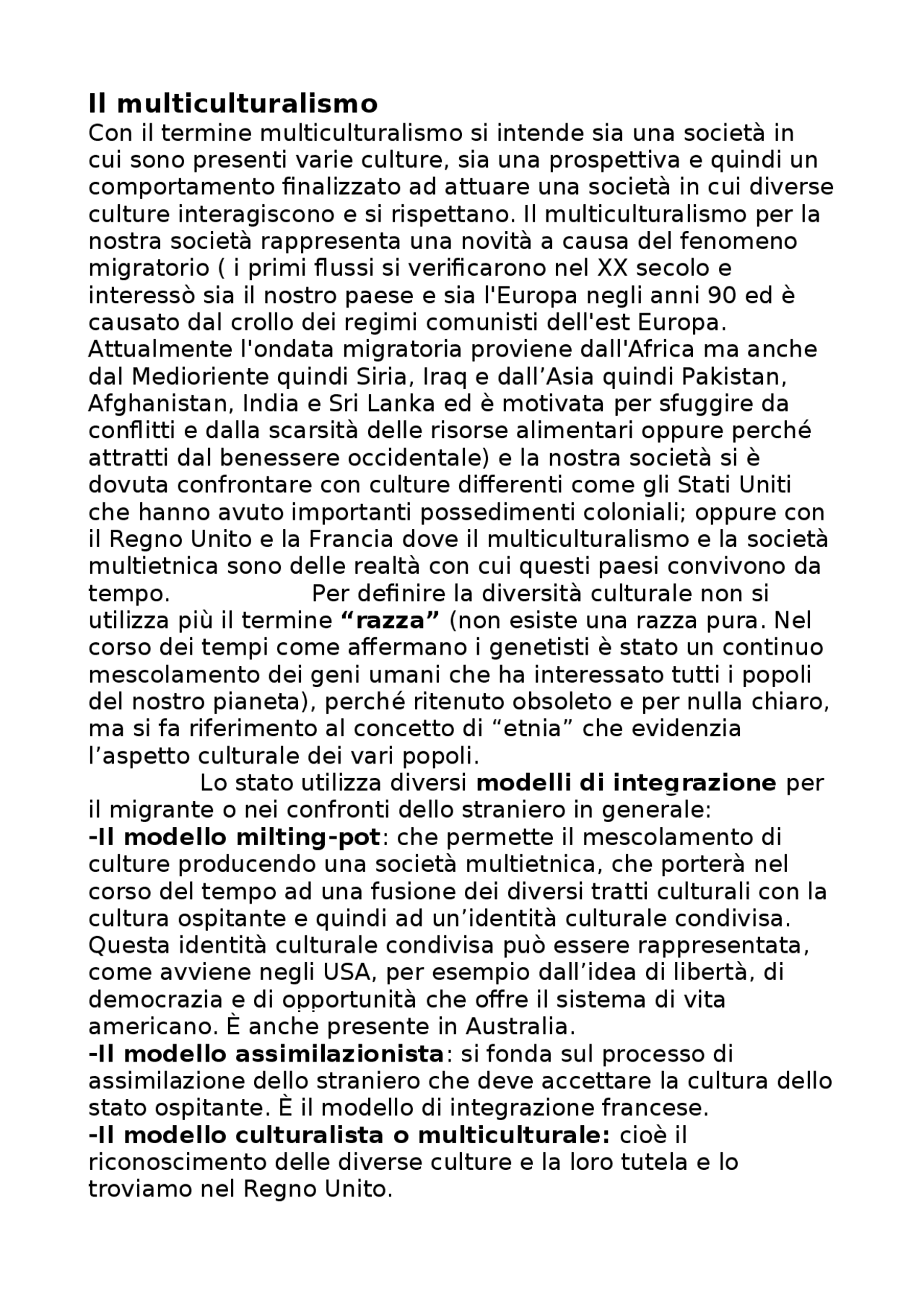 Multiculturalità e le principali caratteristiche - Docsity