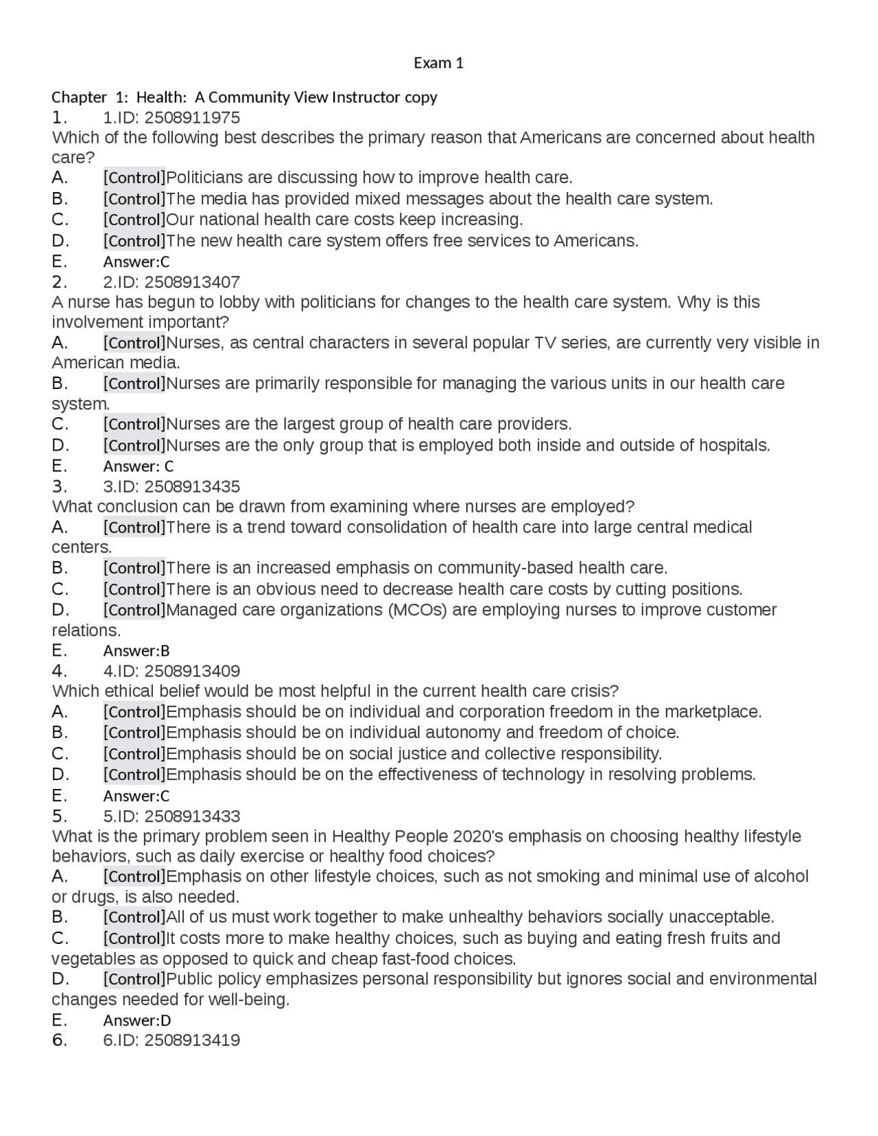 Community Health Exam 1 Practice Questions. - Docsity