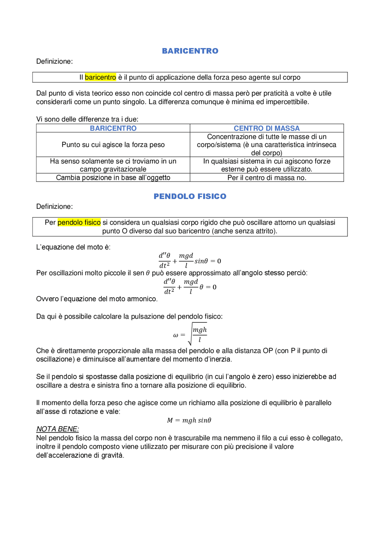 Definizioni di baricentro e pendolo fisico. - Docsity