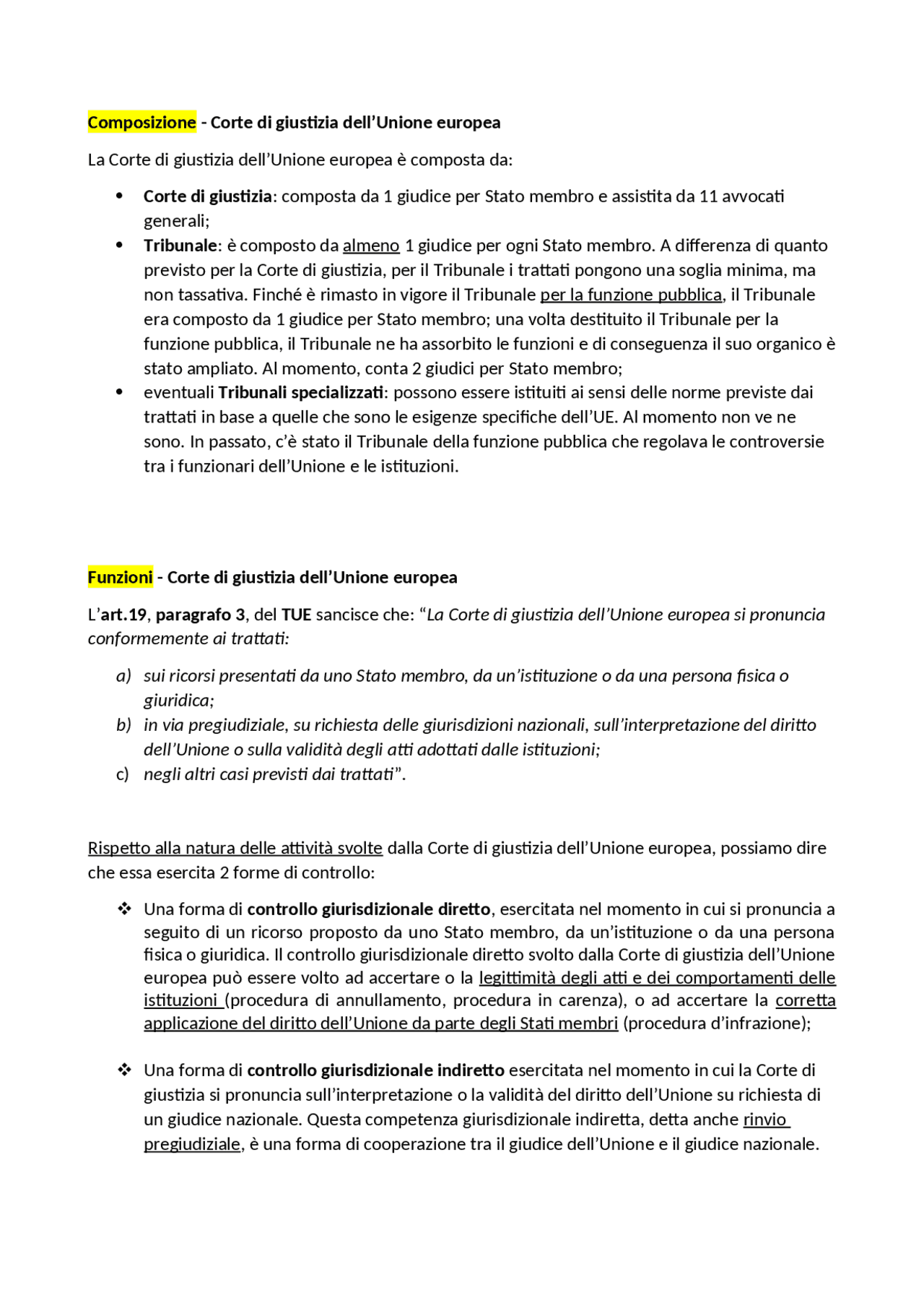 Composizione E Funzioni Della Corte Di Giustizia Docsity