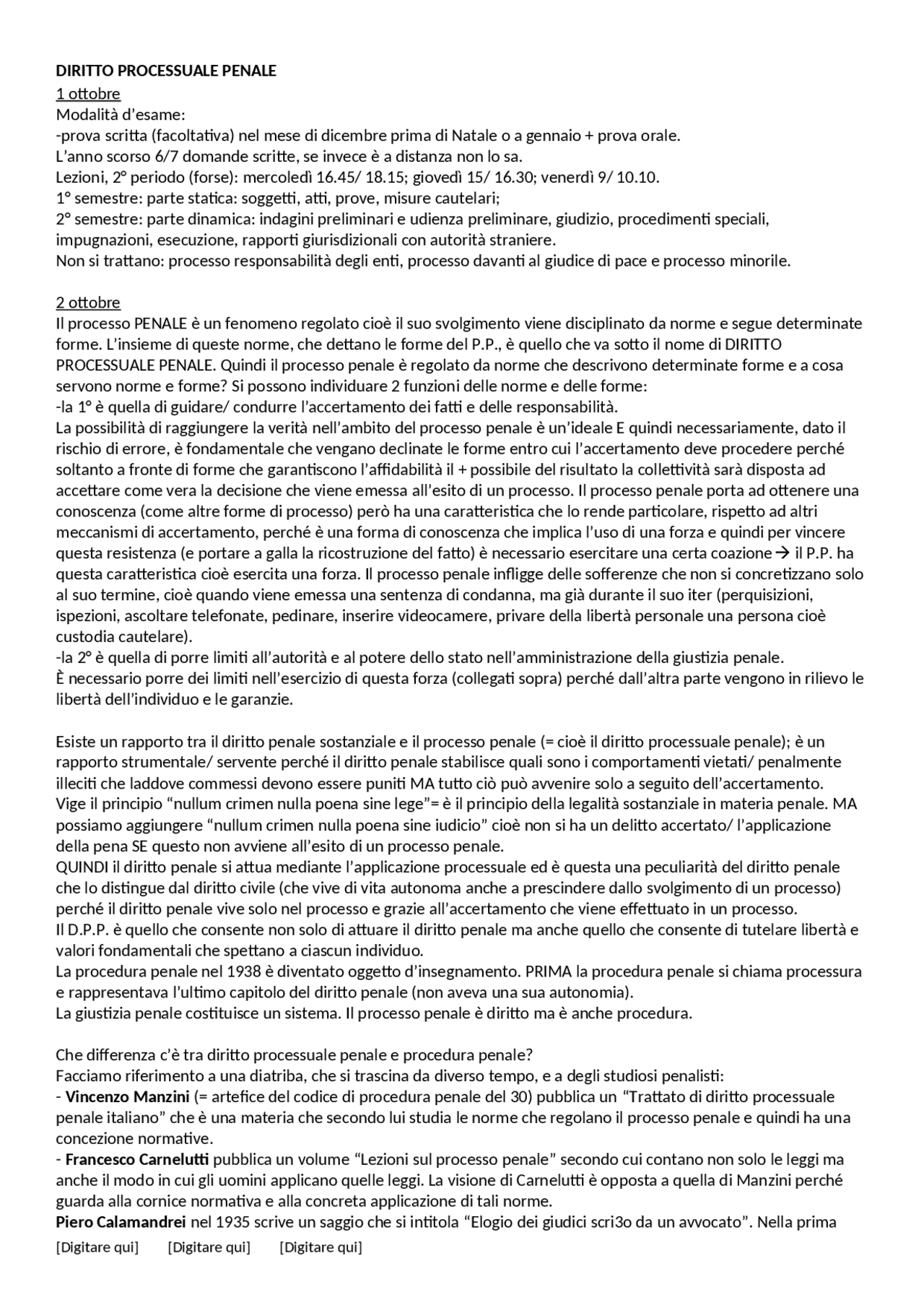 Diritto Processuale Penale Primo Semestre Preparazione Esame Docsity