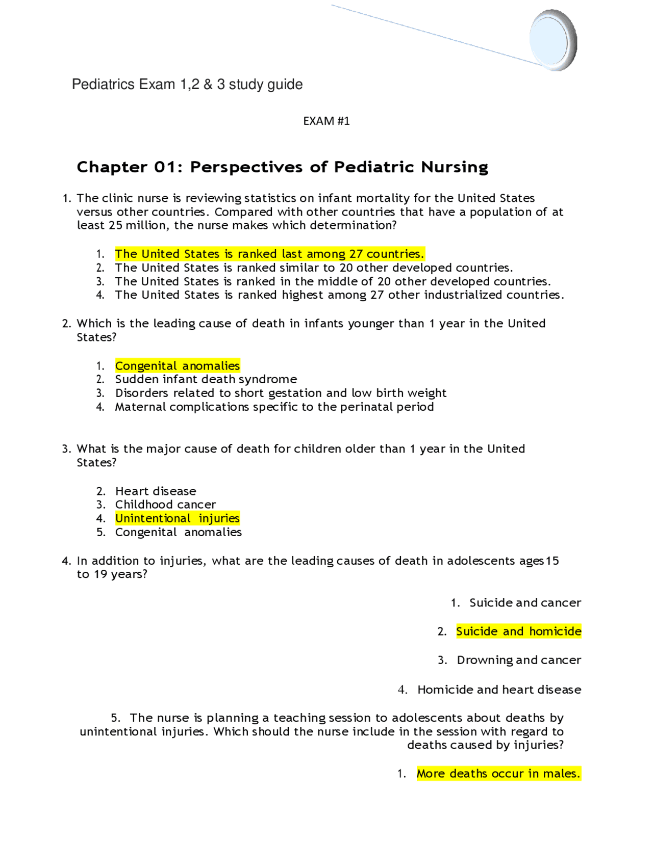 Pediatrics Exam 1,2 & 3 study guide - Docsity